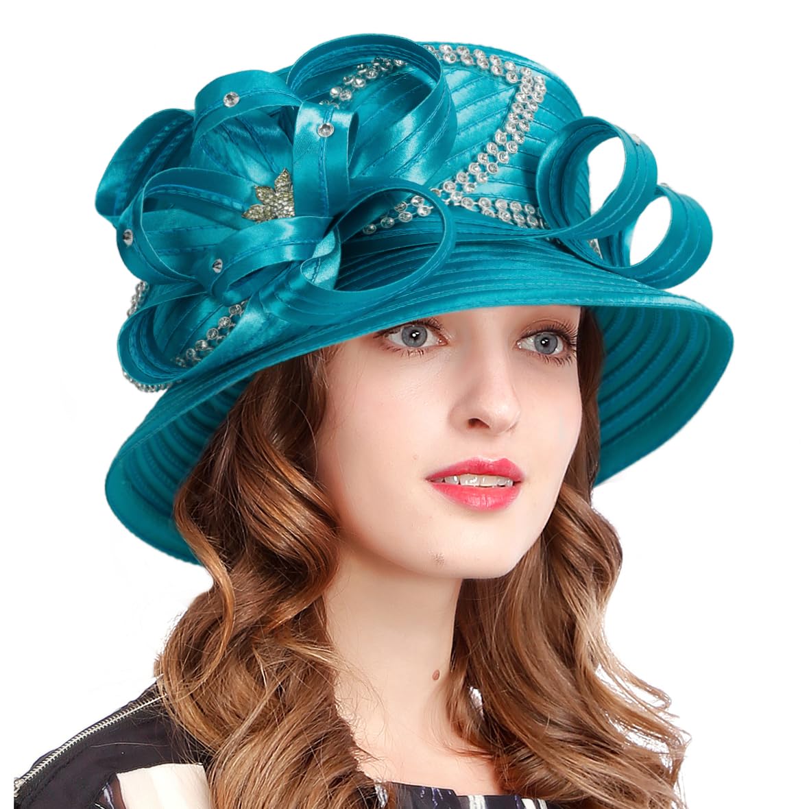 VECRY Womens Church Baptism Wedding Hat Tea Party Derby Dress Hats with Rhinestone (Aqua)