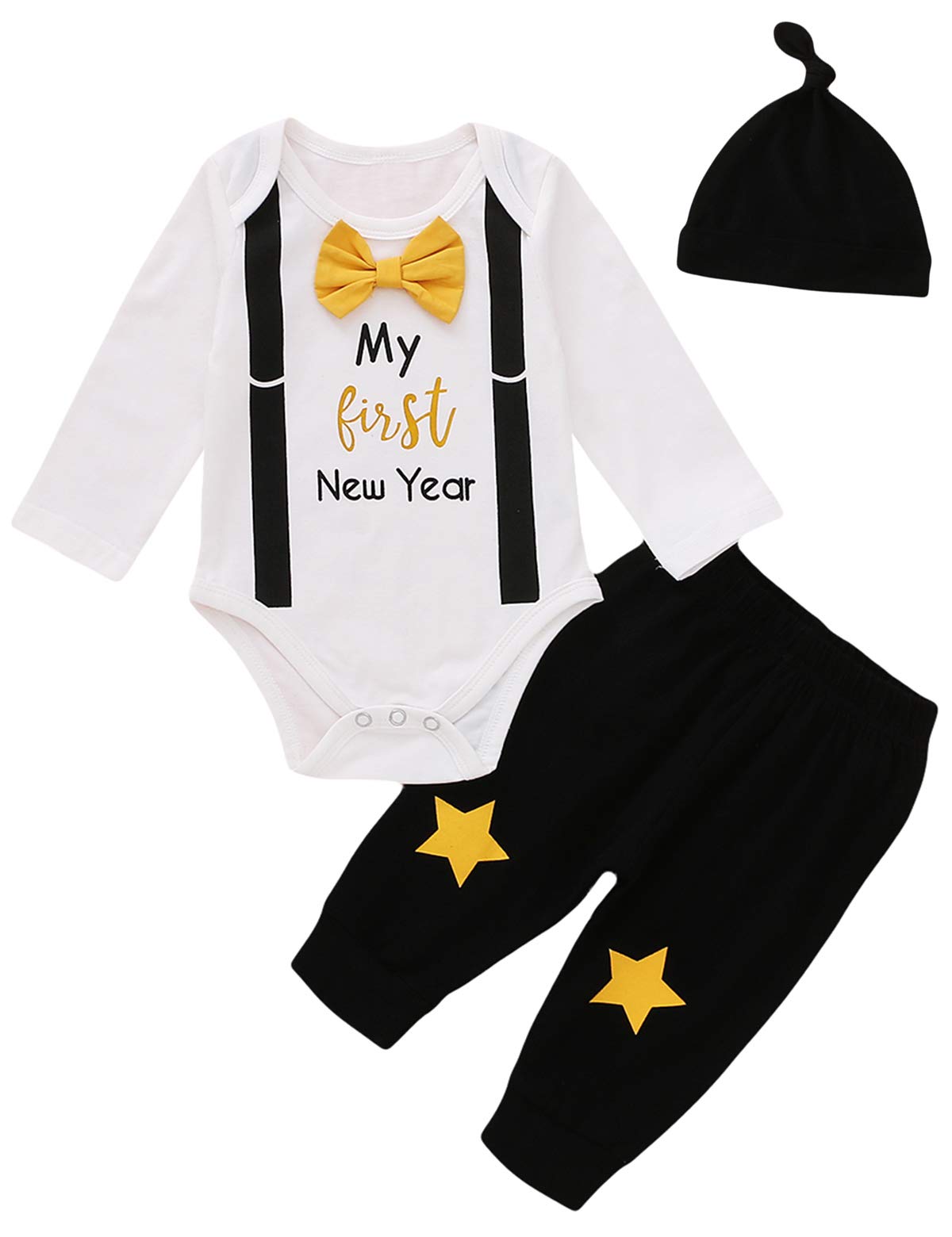 Shalofer Baby Boy My First New Year Outfit Toddler New Year Eve Bodysuit with Hat (Black,12-18 Months)