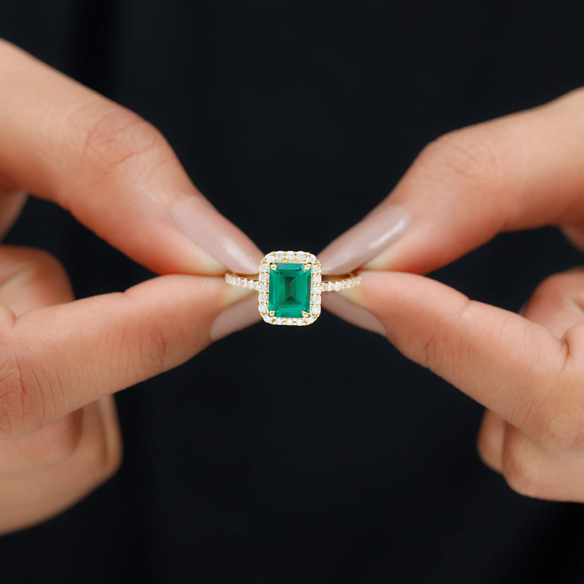Rosec Jewels Lab Grown Emerald Diamond Halo Engagement Ring, AAAA Quality, Certified Emerald 6X8 MM Emerald Cut Engagement Ring, 14K Yellow Gold, Size:US 7.00