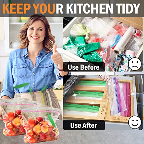 Ziplock Bag Organizer, Bamboo Ziplock Bag Organizer for Drawer, Kitchen Food Storage Bag Organizer Suitable for Gallon, Quart, Sandwich, Snack Bag, Sandwich Bag Dispenser Holders