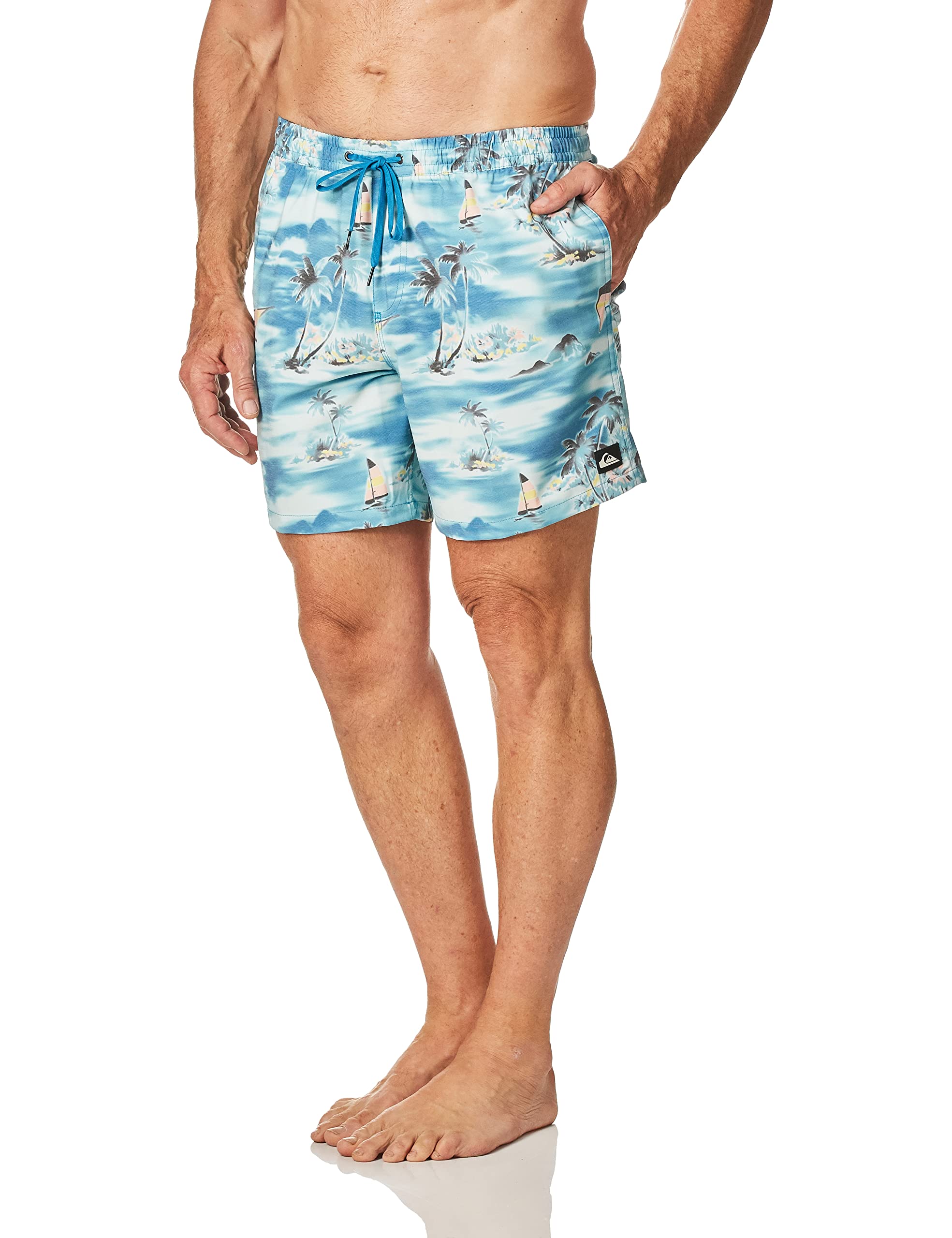 Quiksilver mens 17 Inch Elastic Waist Swim Trunk Bathing Suit Board Shorts, Blue Tint Royal Palms Eqyjv03691, Medium US