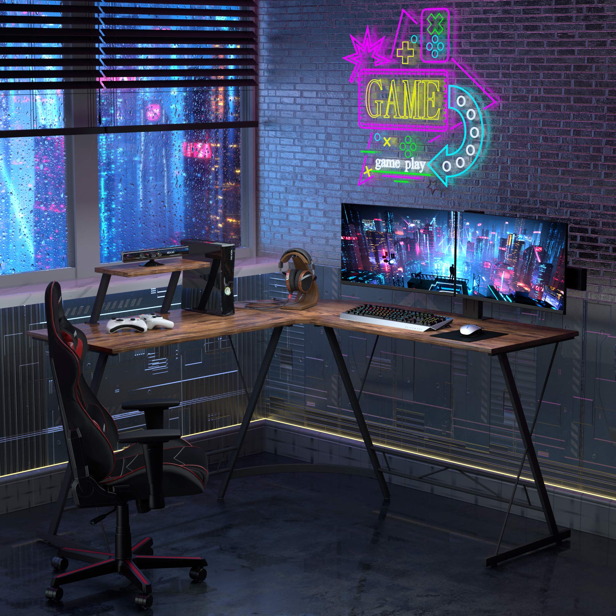 OTK L Shaped Desk with Round Corner, 51" L Shaped Gaming Desk, Corner Computer Desk Table with Large Monitor Stand for Home Office, Sturdy Writing Workstation, Relic