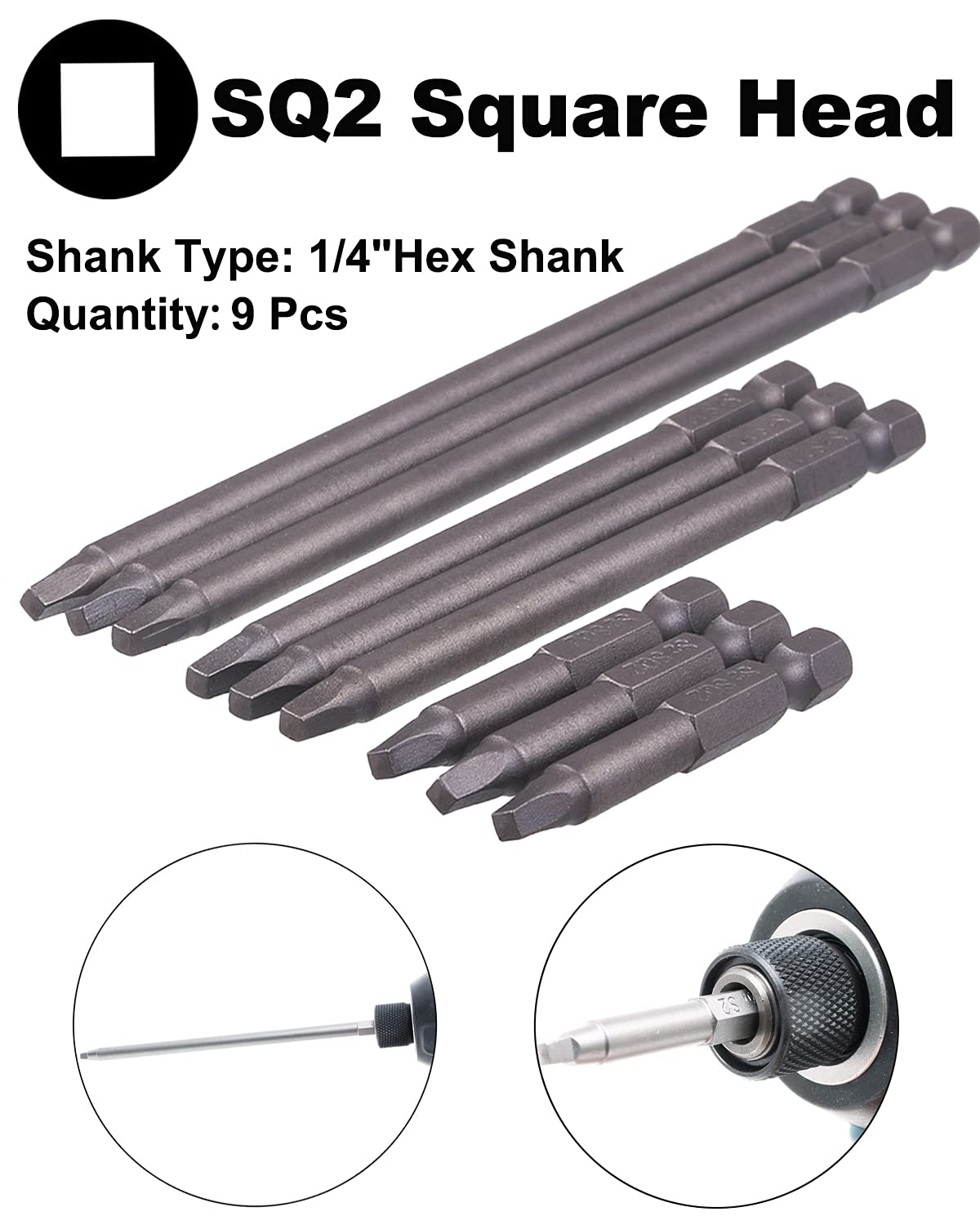 Rocaris 9 Pack 1/4 Inch Hex Shank Long Magnetic Square Head Screwdriver Bits Set Power Tools SQ2 For Poket Hole Jig- 2 inch, 4 inch, 6 inch