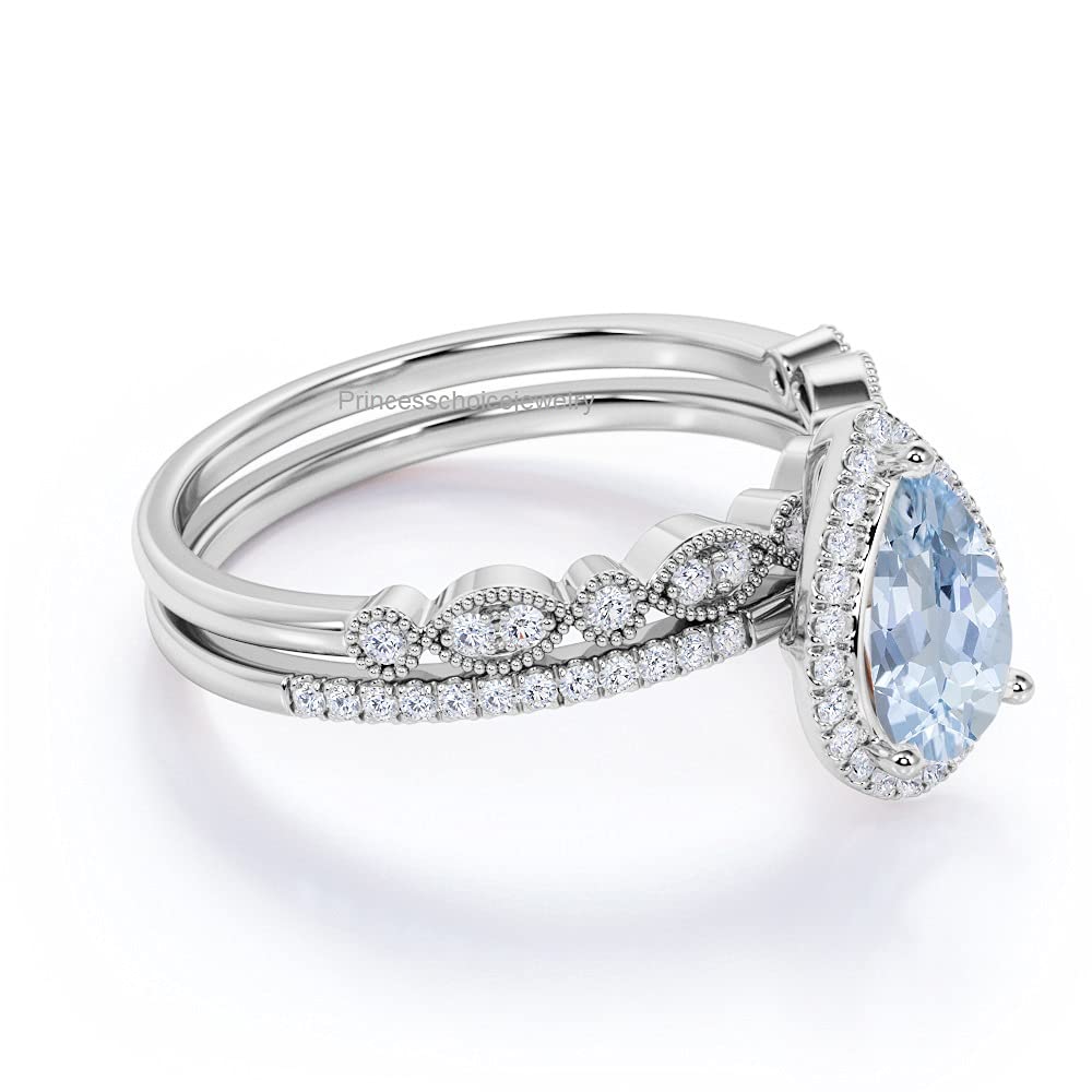 PB Collection Pear Shape Aquamarine & CZ Vintage Halo Wedding Bridal Ring Set 925 Sterling Silver