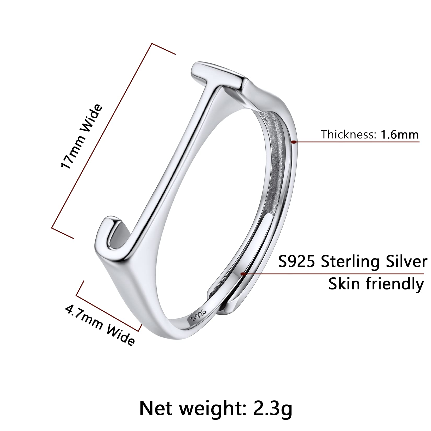 SILVERCUTE J Initial Ring Womens Cocktail Letter Ring S925 Stamped Adjustable Band Sterling Silver Sideways Initial Rings Stackable