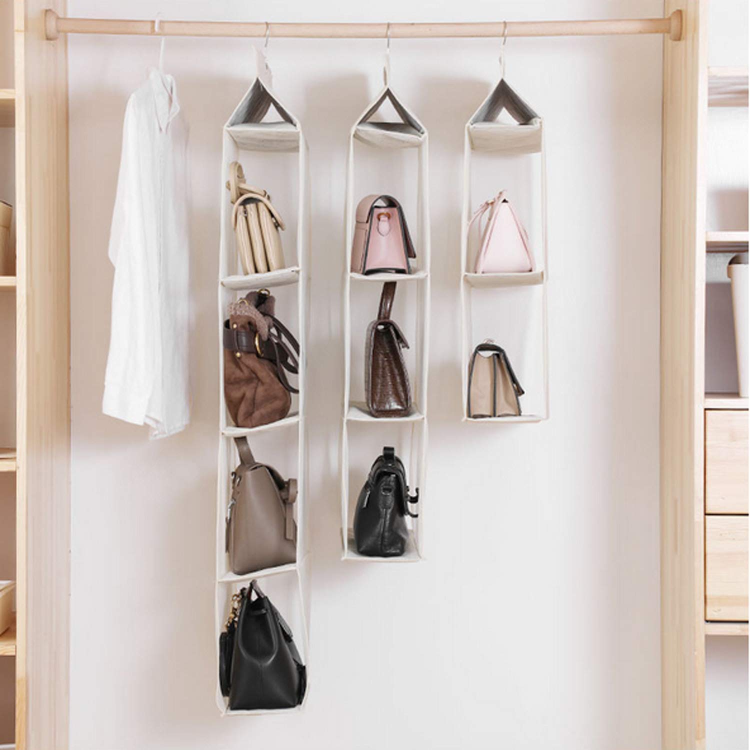Ocean's Shop Hanging Handbag Organizer, Foldable Dust Cover Wardrobe Closet Organizer Hanging Purse Storage Holder for Space Saving (Beige, 4 Shelves)