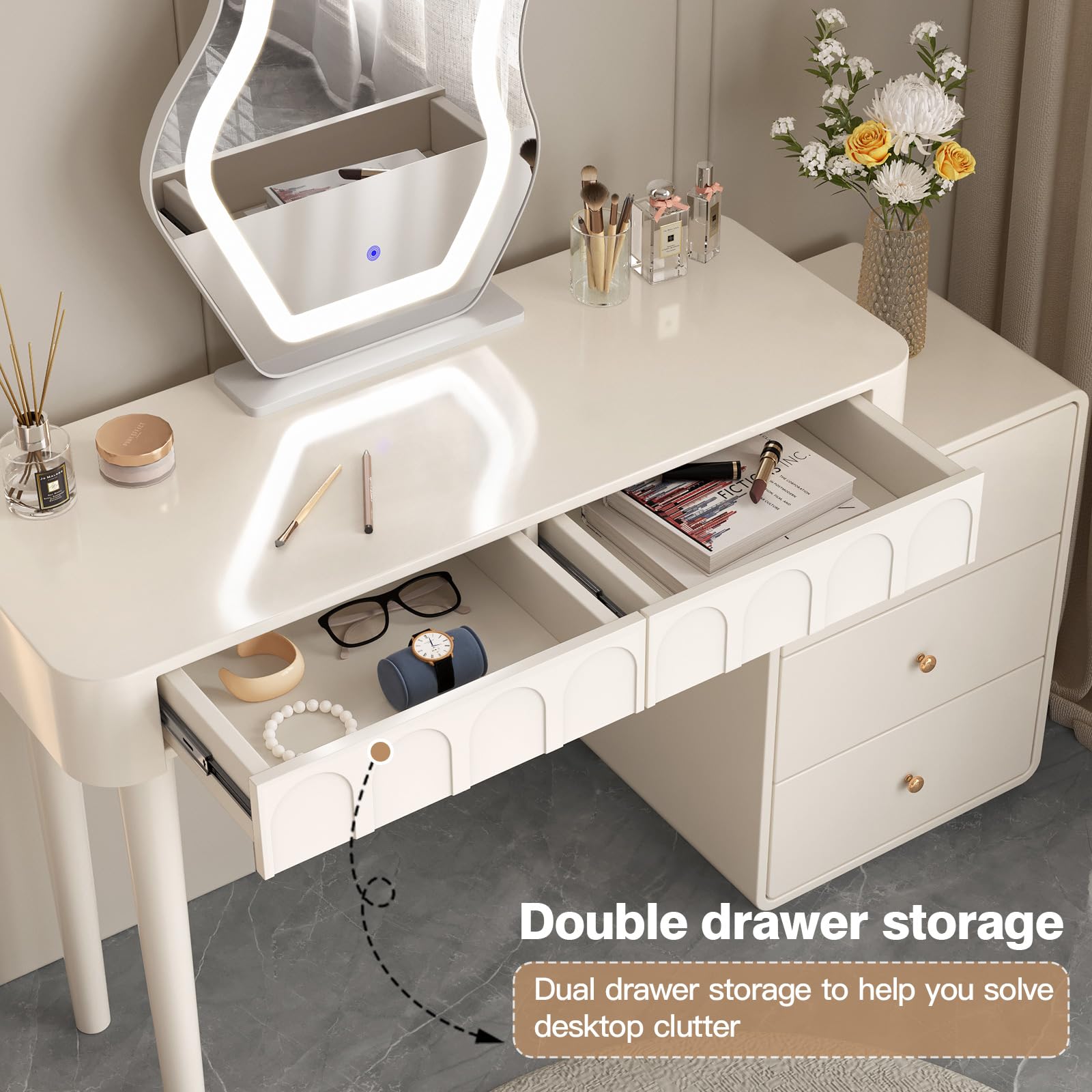 Miuuod Makeup Vanity Desk & Chair & Lighted Mirror,Modern Cosmetics Table with Storage Carbinet and Drawers Adjustable Direction Makeup Table Dressing Table for Women Girls Vanities for Bedroom White