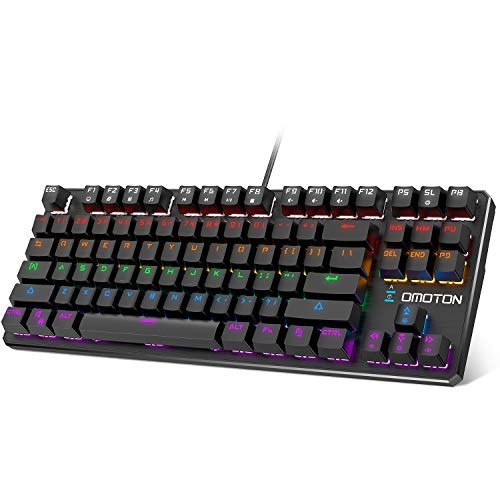 OMOTON Mechanical Gaming Keyboard, Blue Switch Rainbow Backlit Wired Keyboard, 87-Key Anti-Ghosting Tenkeyless Keyboard for PC, Desktop, Gamer Computer, Black