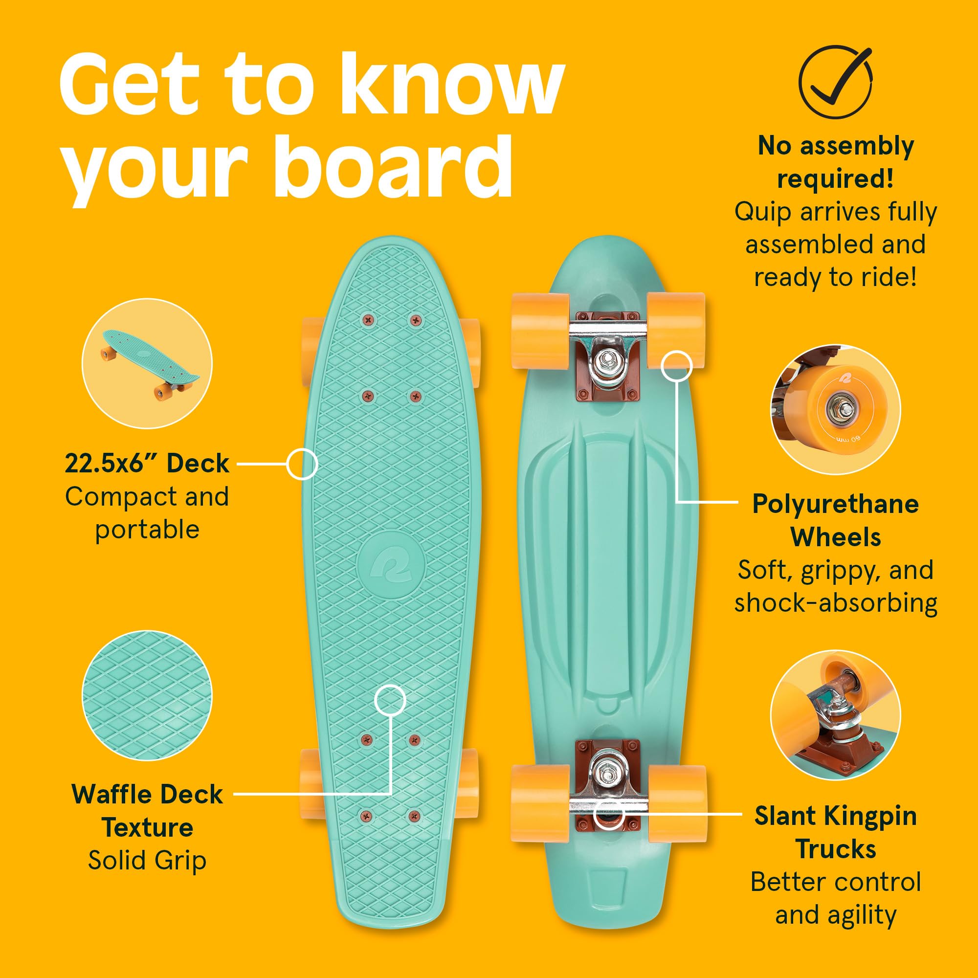 Retrospec Quip Mini Cruiser Skateboard 22.5" and 27" Classic Retro Plastic Cruiser Complete Skateboard with ABEC 7 Bearings and PU Wheels Compact Board with Grippy, Molded Waffle Deck