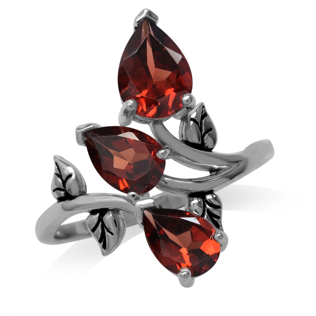 Silvershake 2.85ct. 3 Stone Natural Garnet 925 Sterling Silver Bypass Leaf Ring Size 6.5