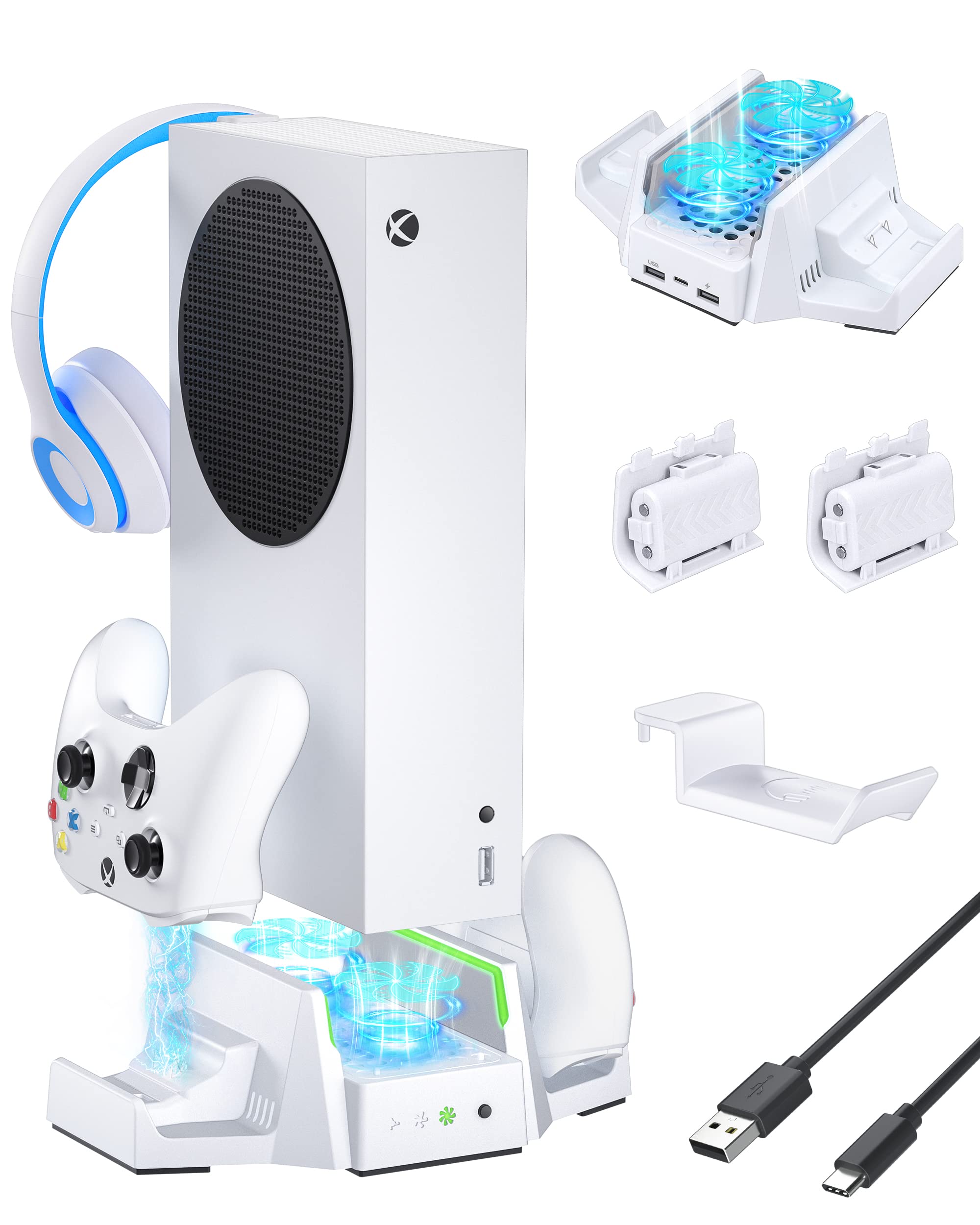 Wiilkac Cooling Stand for Xbox Series S with Dual Cooling Fans 3 Level Adjustable Speed, Cooler Fan with Headphone Hook, Dual Controller Charger, LED Indicator & USB Port