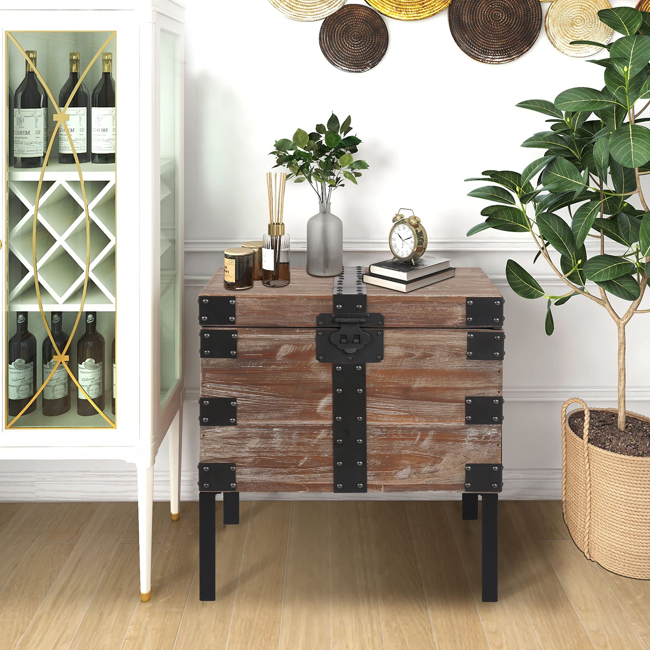 NewCosmos Antique Gray Solid Wood Table Set 3-Piece Furniture Ensemble with Storage Trunk & Side Tables - Eco-Friendly, Versatile Home Decor