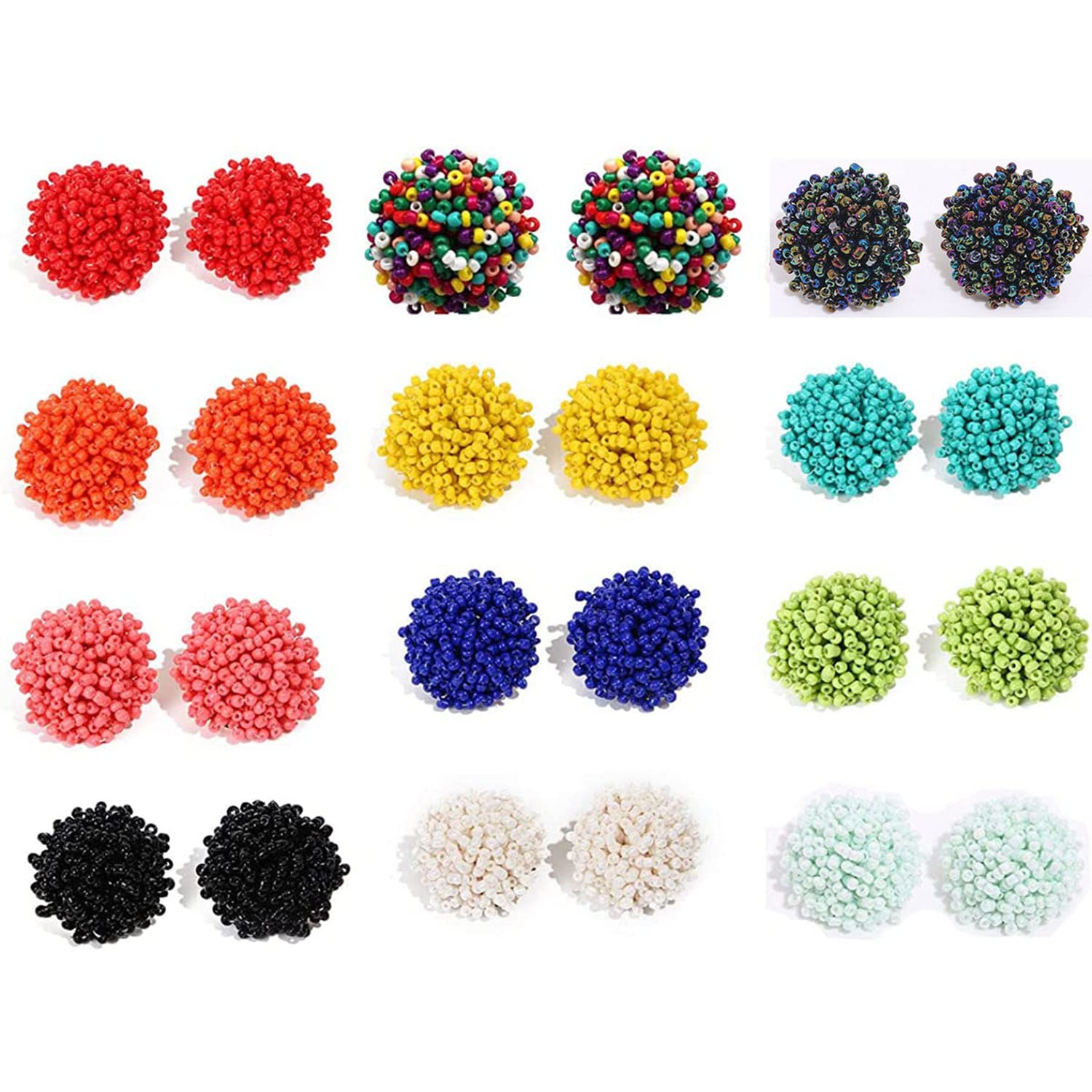 Wiipu 12 Pairs Seed Beaded Stud Earrings Resin Bead Earrings For Women Bohemian Statement Cluster Rainbow Seed Beads Big Round Earrings
