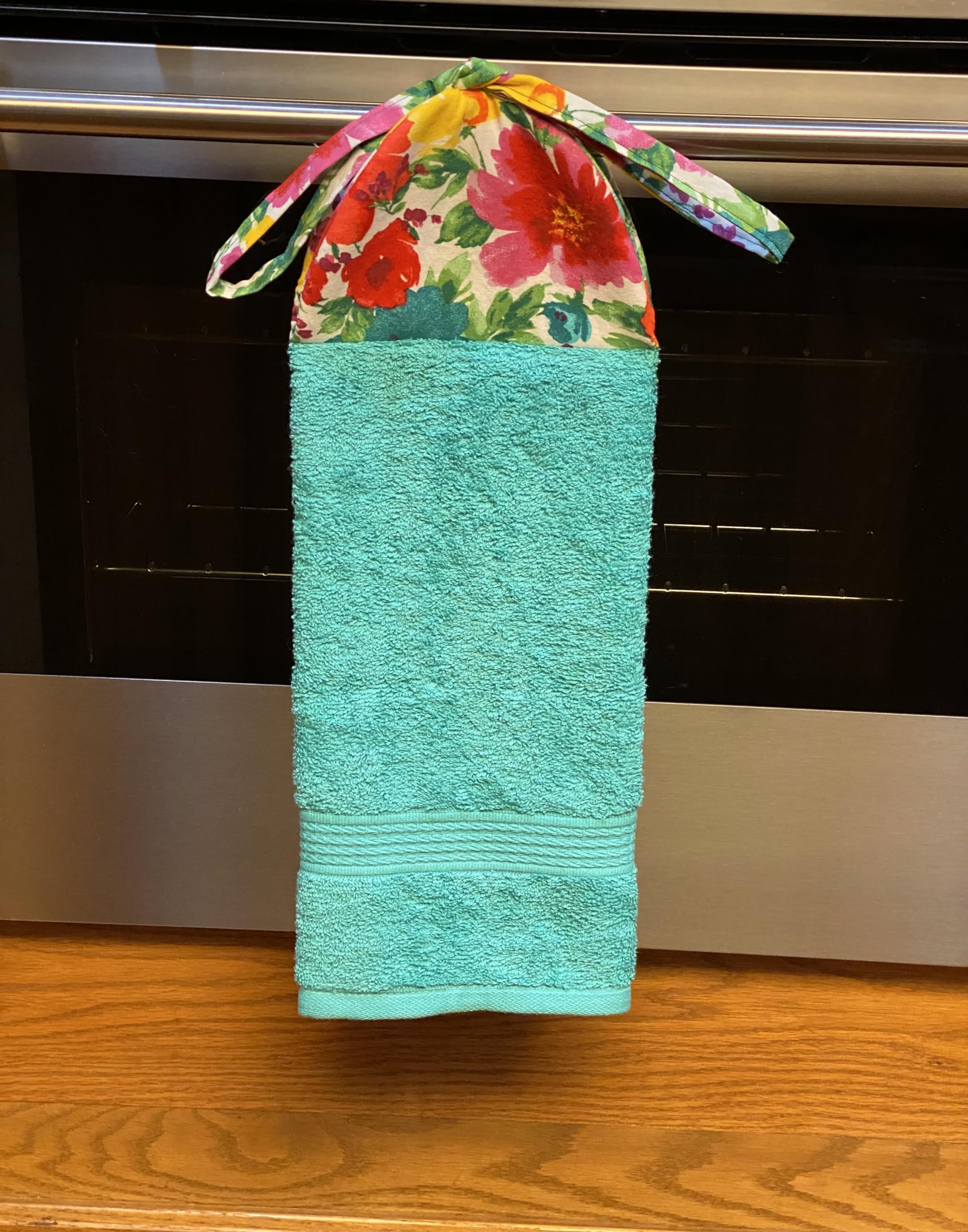 Red Pink Yellow Floral Flowers with Teal Turquoise Green Leaves on White Ties On Stays Put Kitchen Hanging Loop Hand Dish Towel She Who Sews
