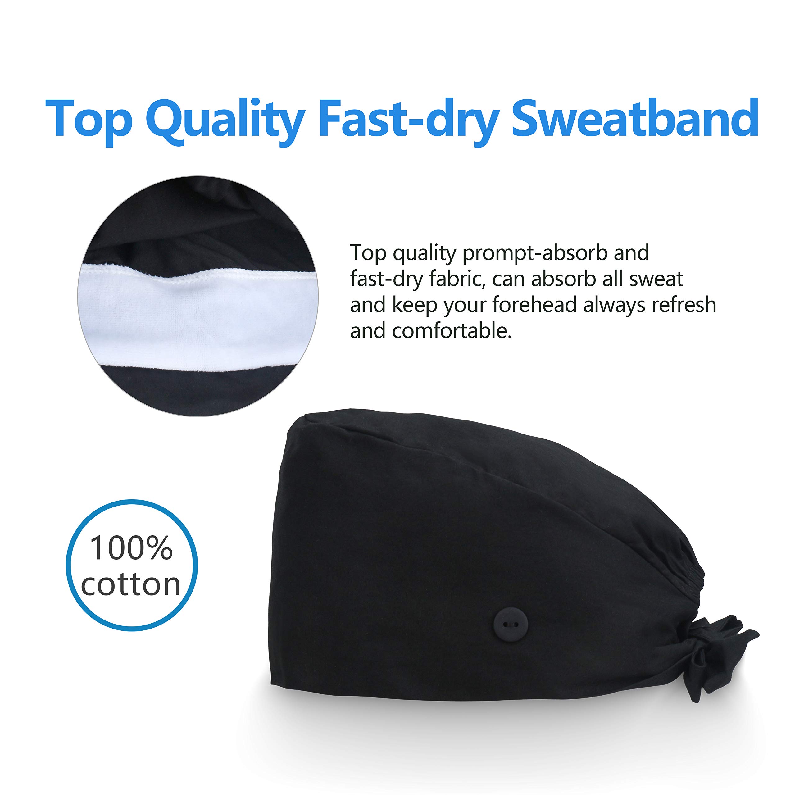 QBA Adjustable Working Cap with Button, Cotton Working Hat Sweatband, Elastic Bandage Tie Back Hats for Women & Men, One Size (2 Pack: Black 2 PCS)