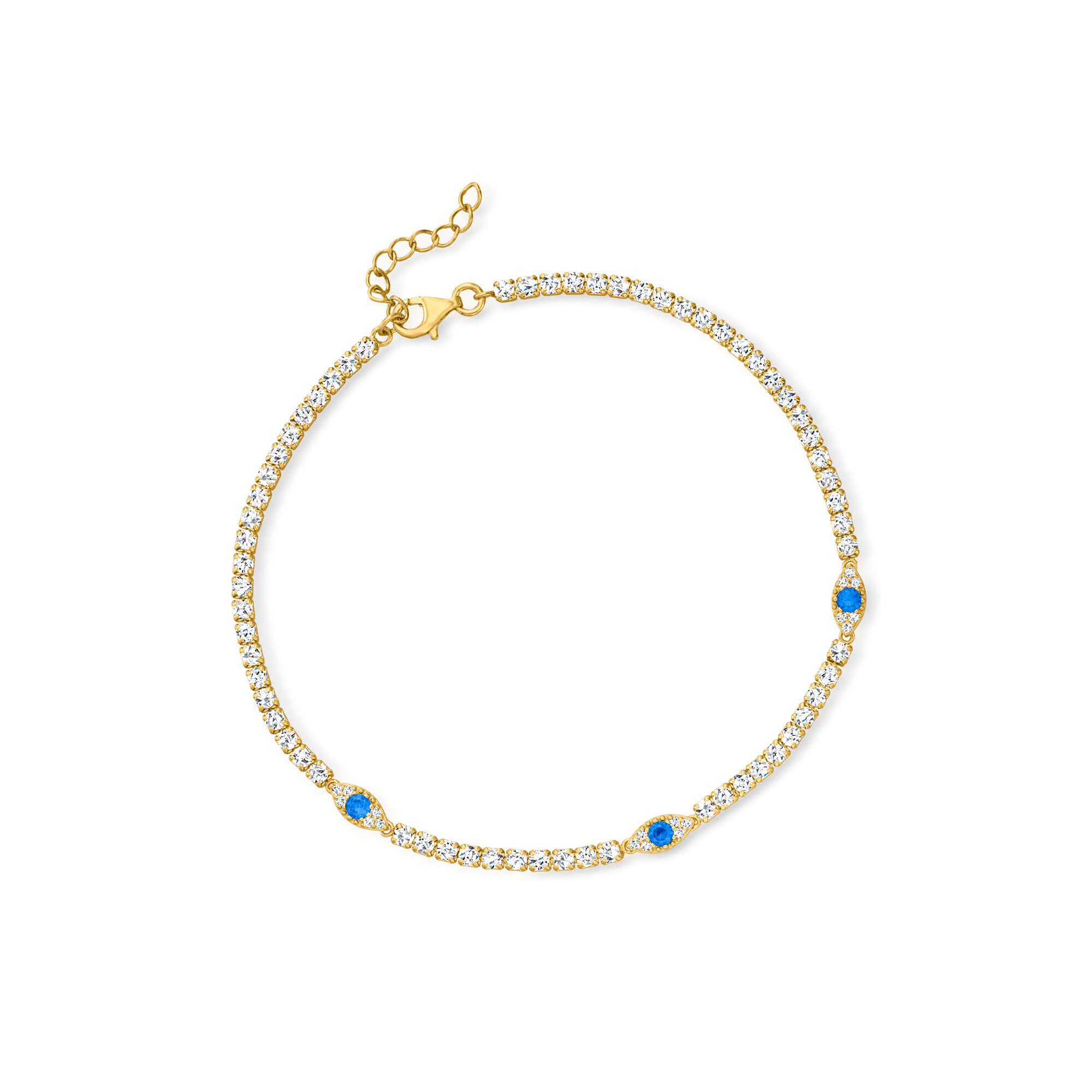 Ross-Simons 3.60 ct. t.w. CZ and .30 ct. t.w. Simulated Sapphire Evil Eye Anklet in 18kt Gold Over Sterling. 9 inches