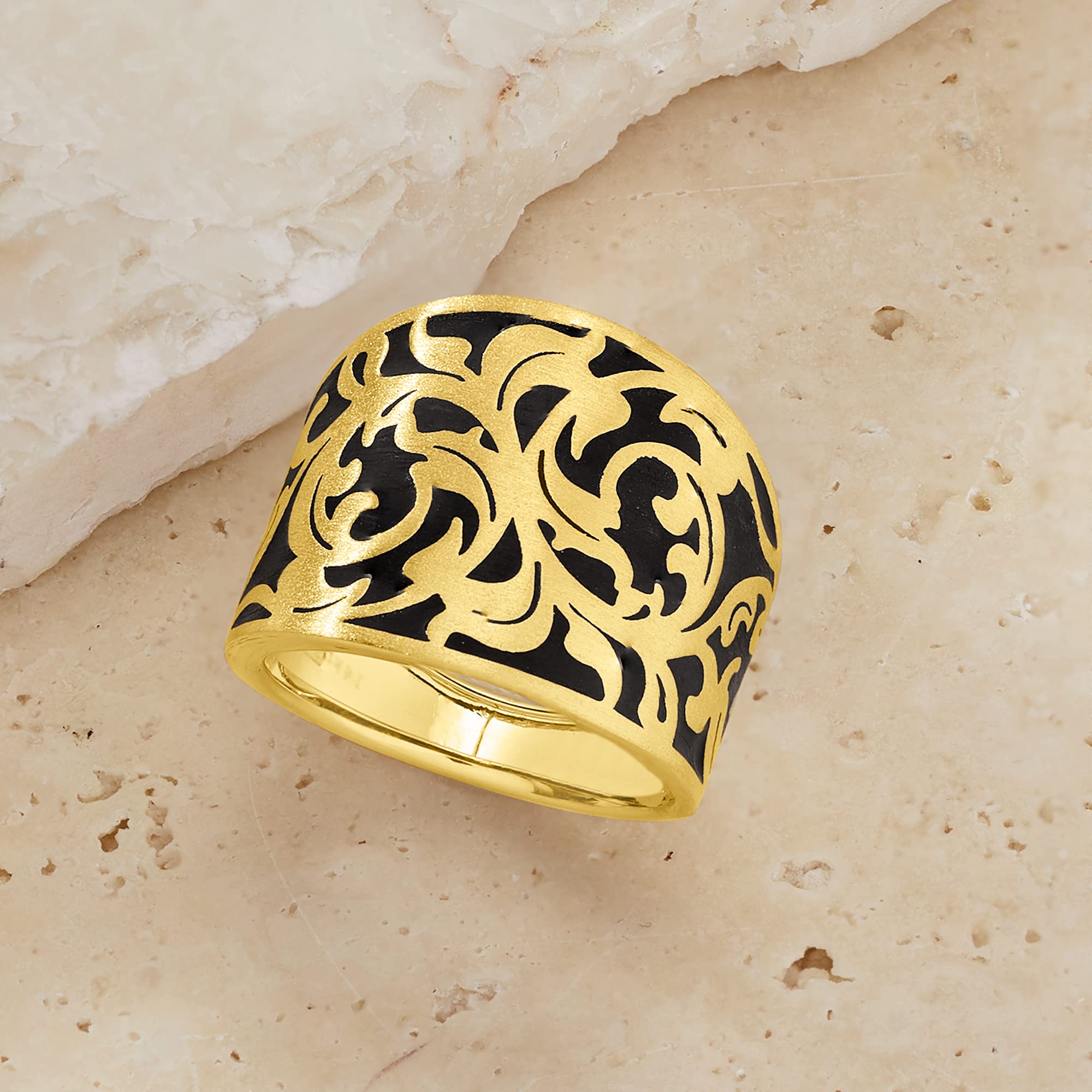 Ross-Simons Italian Black Enamel and 14kt Yellow Gold Scrollwork Ring. Size 8