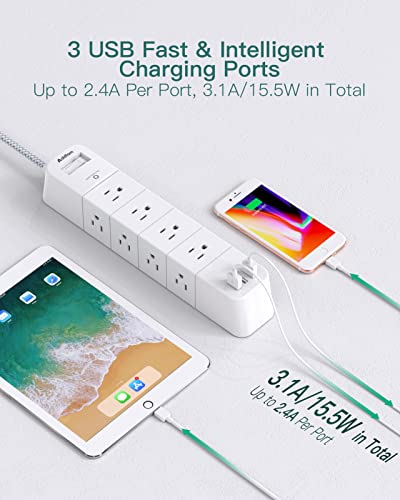 Surge Protector Power Strip - Addtam 10 Ft Long Extension Cord with 12 Outlets(3-Side) and 3 USB Ports, Flat Plug Overload Surge Protection Outlet Strip, Wall Mountable for Home, Office and Dorm
