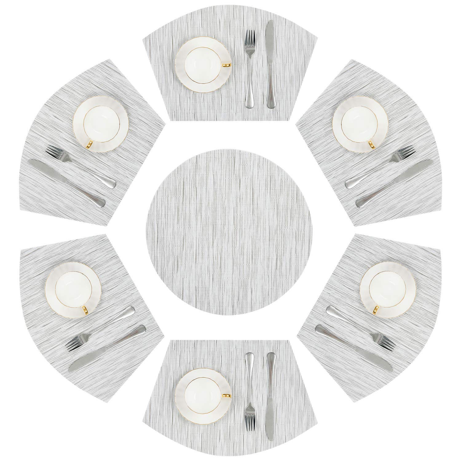 SHACOS Round Table Placemats Set of 5 Wedge Shaped Place Mat with Round Centerpiece Mat Heat Resistant Table Mats Washable (5, Gray White)