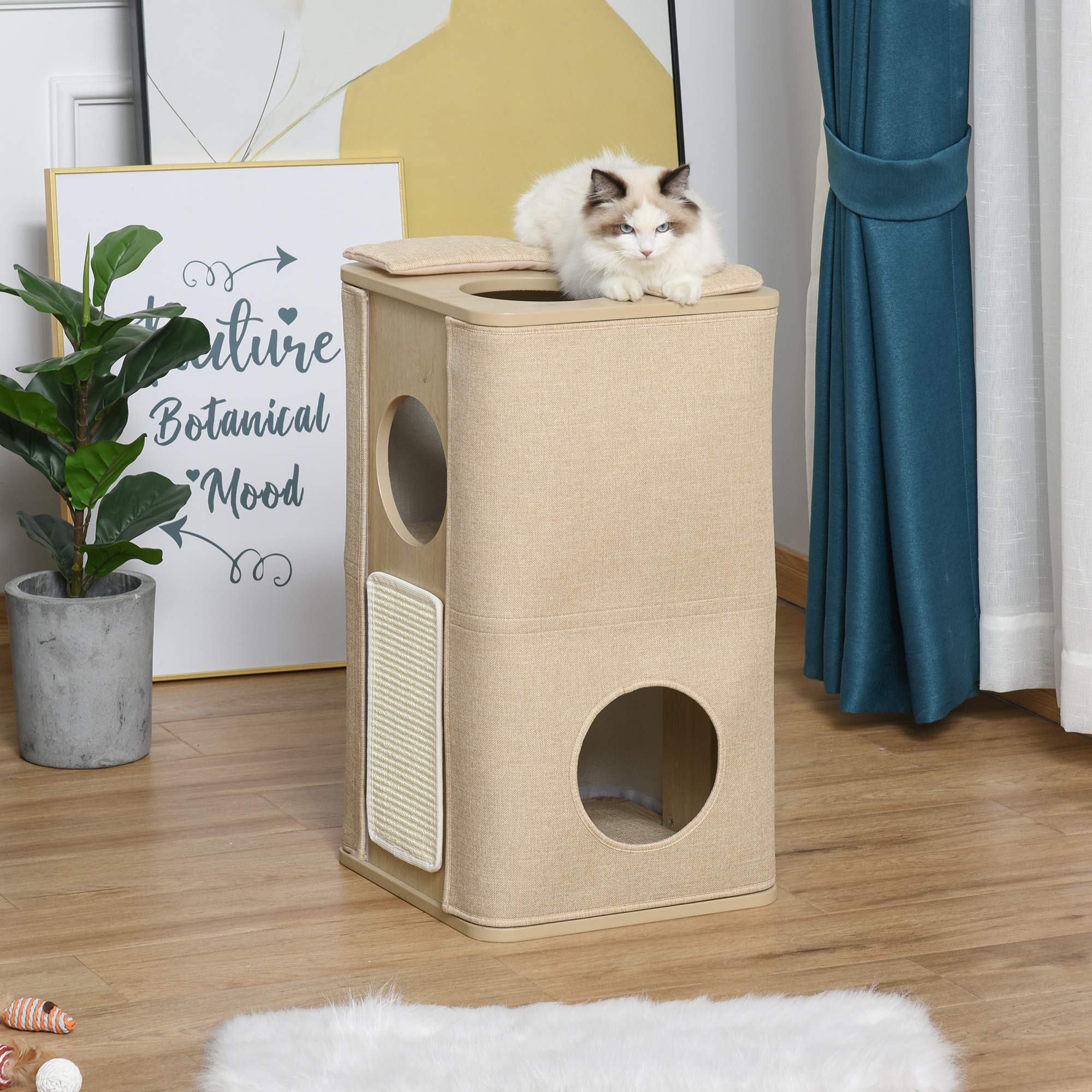 PawHut Wooden Cat Condo 3 Story Barrel Tower w/Perch Removable Cover Cushions Sisal Scratching Carpet, Brown