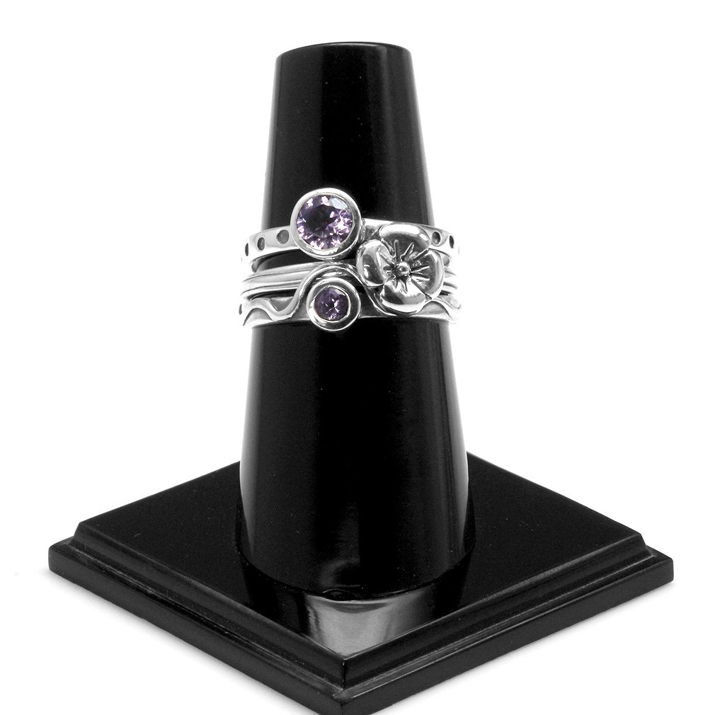 Silvershake Set of 4 Created Pink Tourmaline 925 Sterling Silver Dragonfly and Flower Stackable Gemstone Ring size 8 Jewelry for Women or Teens
