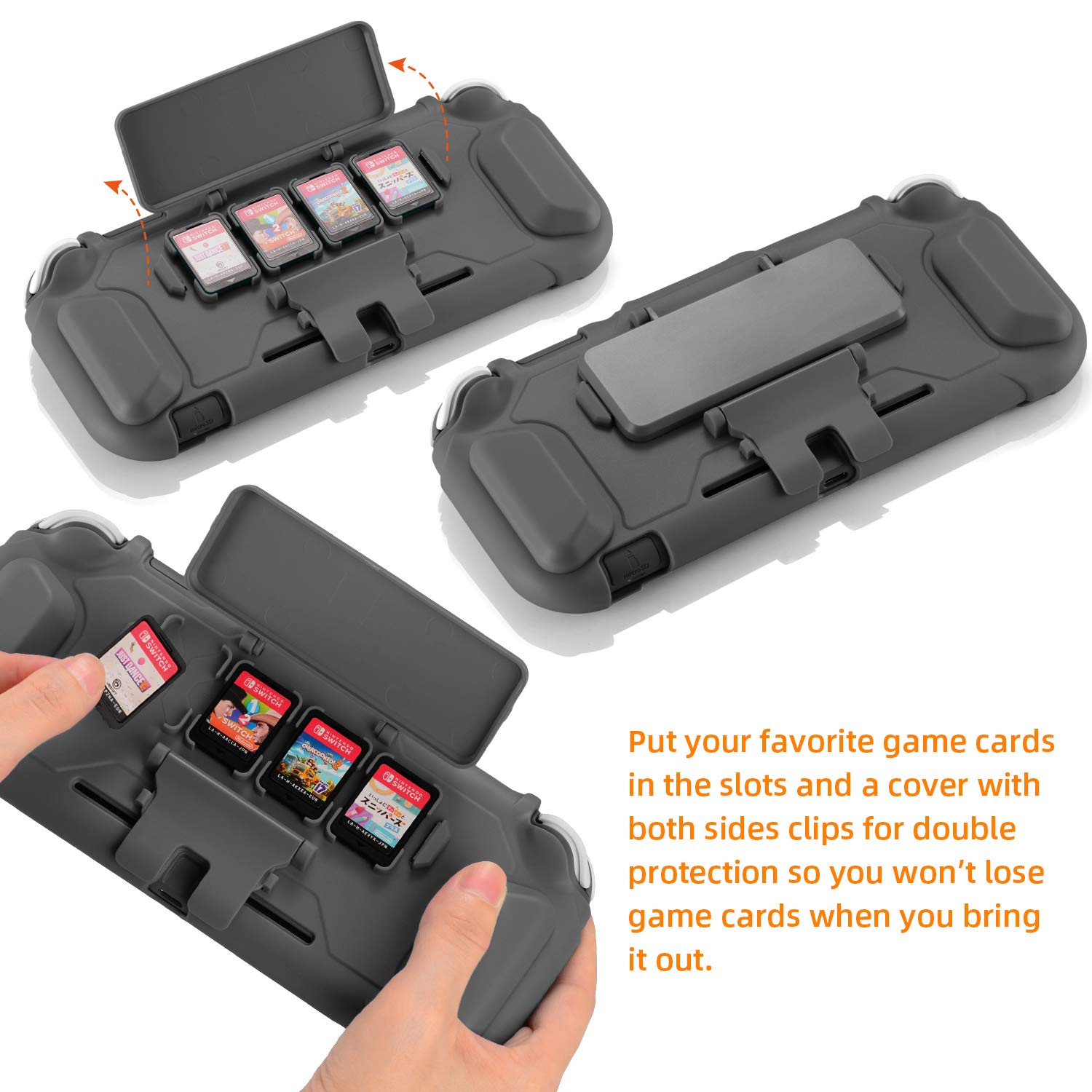 Protective Case Bundle for Nintendo Switch Lite, Tempered Glass Screen Protector, 4 Game Card Slots, Kick-Stand, Ergonomics Hand Grip, Shockproof, Anti-Scratch, Slim for Nintendo Switch Lite Case Gray