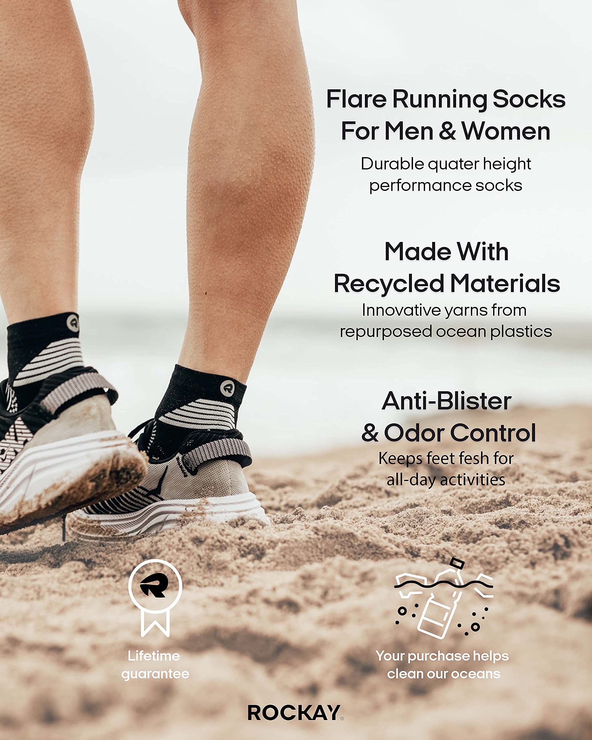 Rockay Flare Running Socks for Men and Women, Cushion, Quarter Cut, Arch Support, 100% Recycled, Anti-Odor (1 Pair)