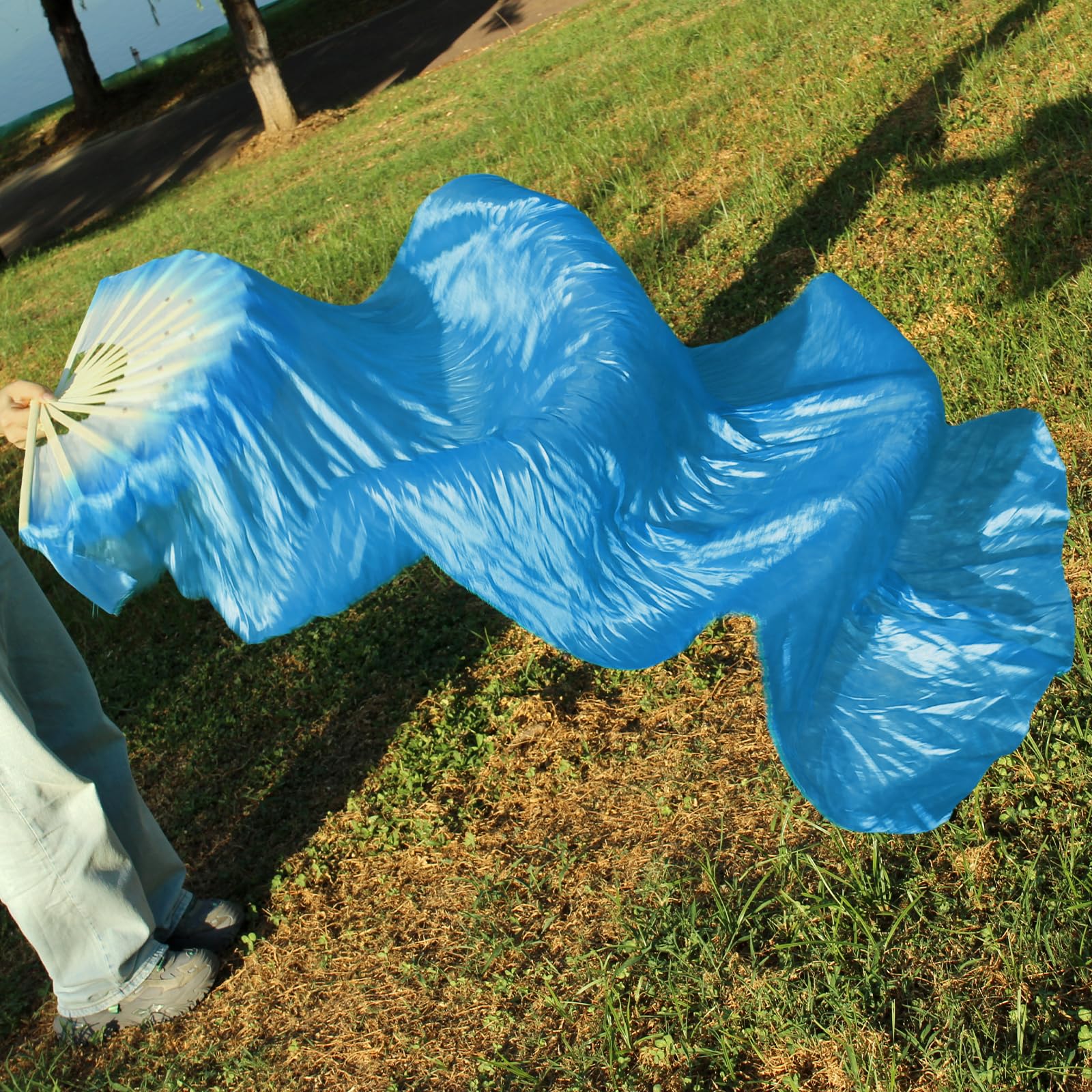 WEISIPU Hand-Made Faux Silk Belly Dance Fan Veils - Bamboo Long Fans Veils Available in 8 Stunning Colors for Dance Performances Right Hand (Blue)