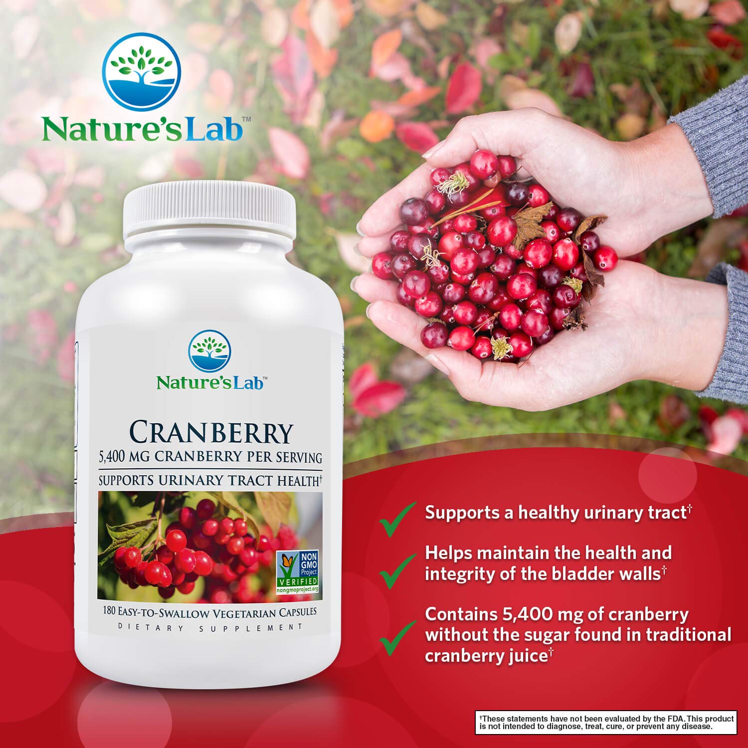Nature's Lab Cranberry 5400mg β Supports Urinary Tract Health* β Non-GMO Verified, Vegan, Gluten Free β 180 Count (6 Month Supply)