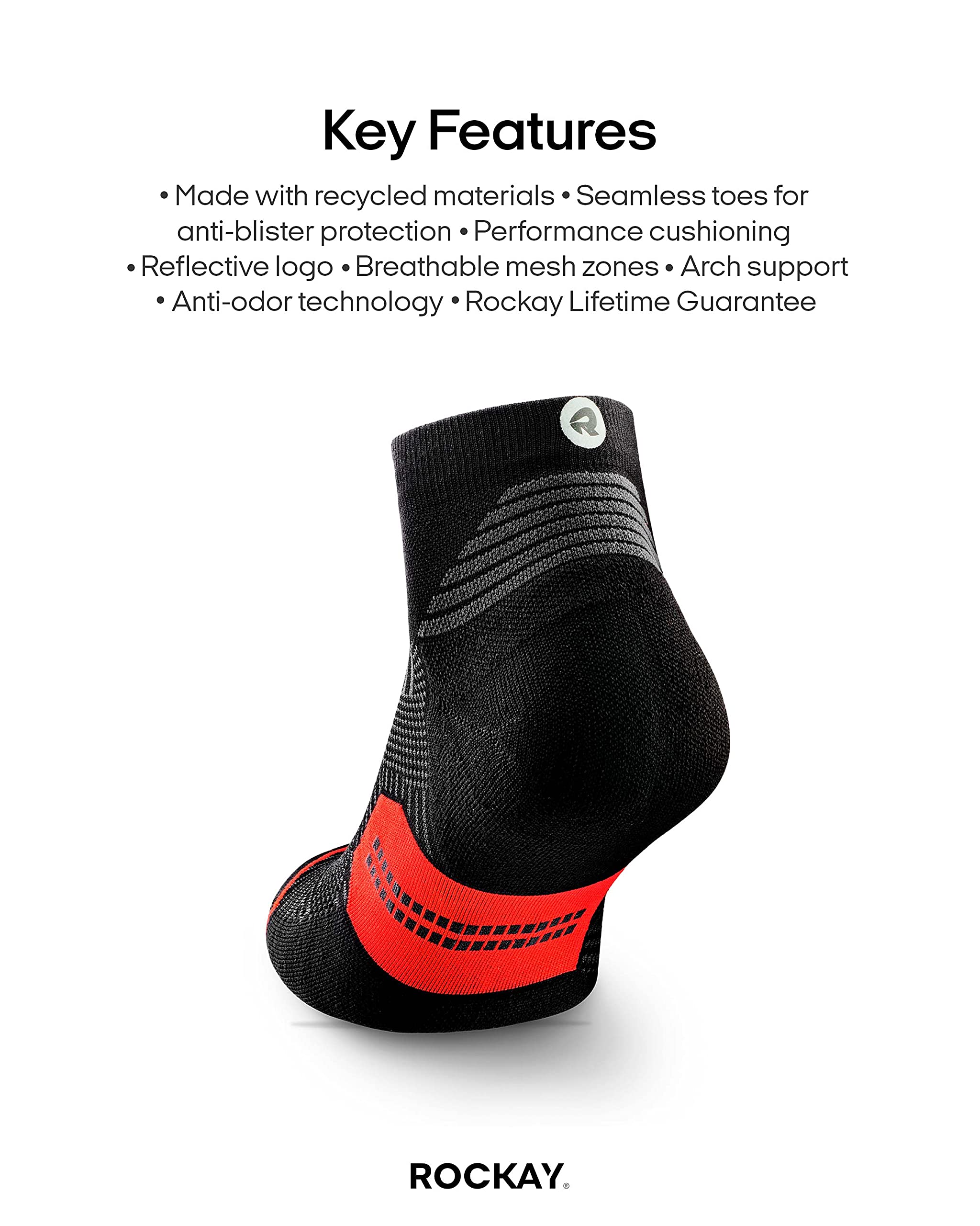 Rockay Flare Running Socks for Men and Women, Cushion, Quarter Cut, Arch Support, 100% Recycled, Anti-Odor (1 Pair)