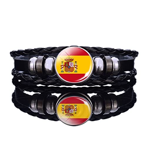 WILLWA Country Flag Pattern Bracelet Flag Glass Dome Black Leather Bracelet Flag (Color : Spain)