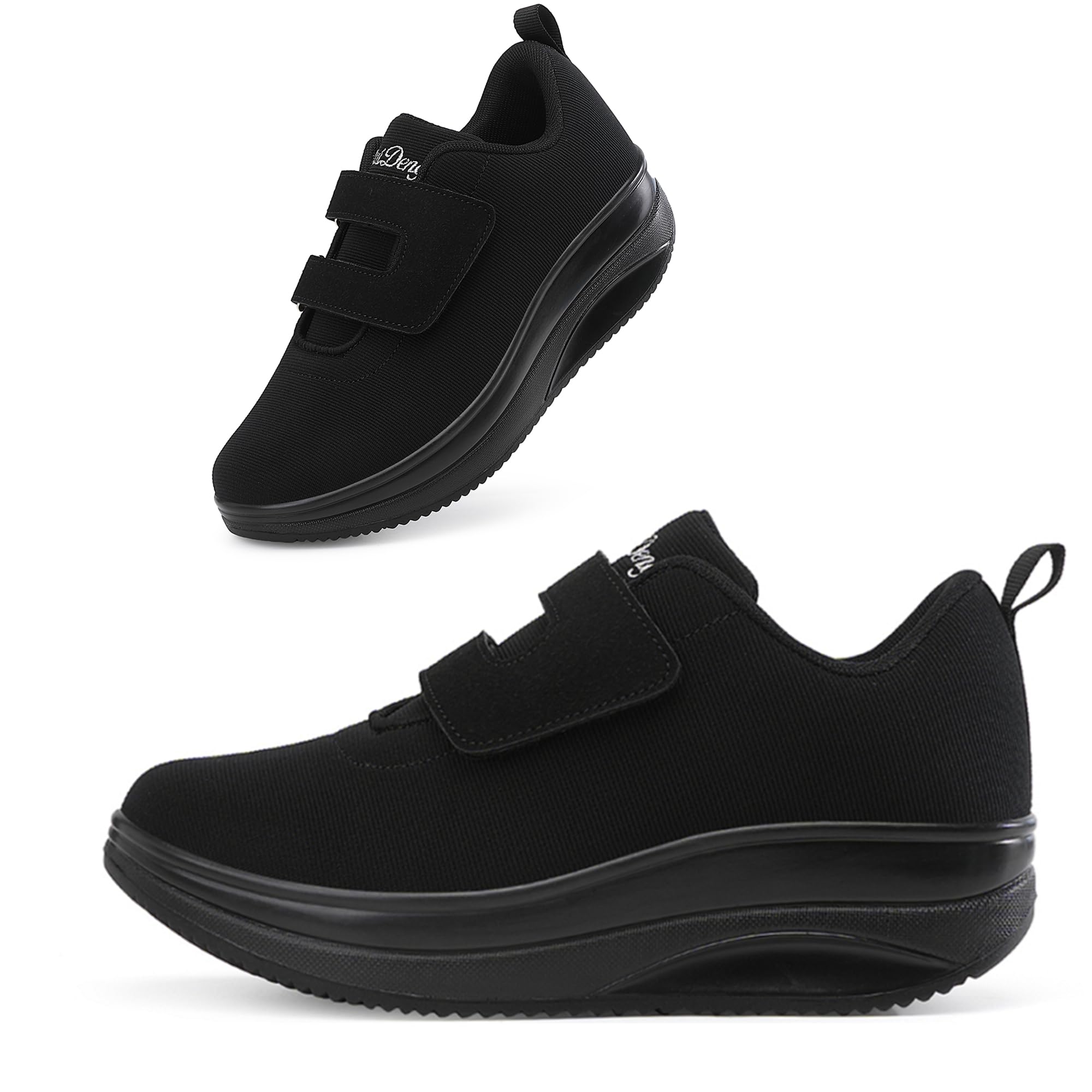 Oude Wedge Sneakers for Women Comfy | Wide Orthopedic Shoes for Women Shopping | Adjustable Velcro Closure 2 Inch Thick Rocker Bottom All Black Size 6.5