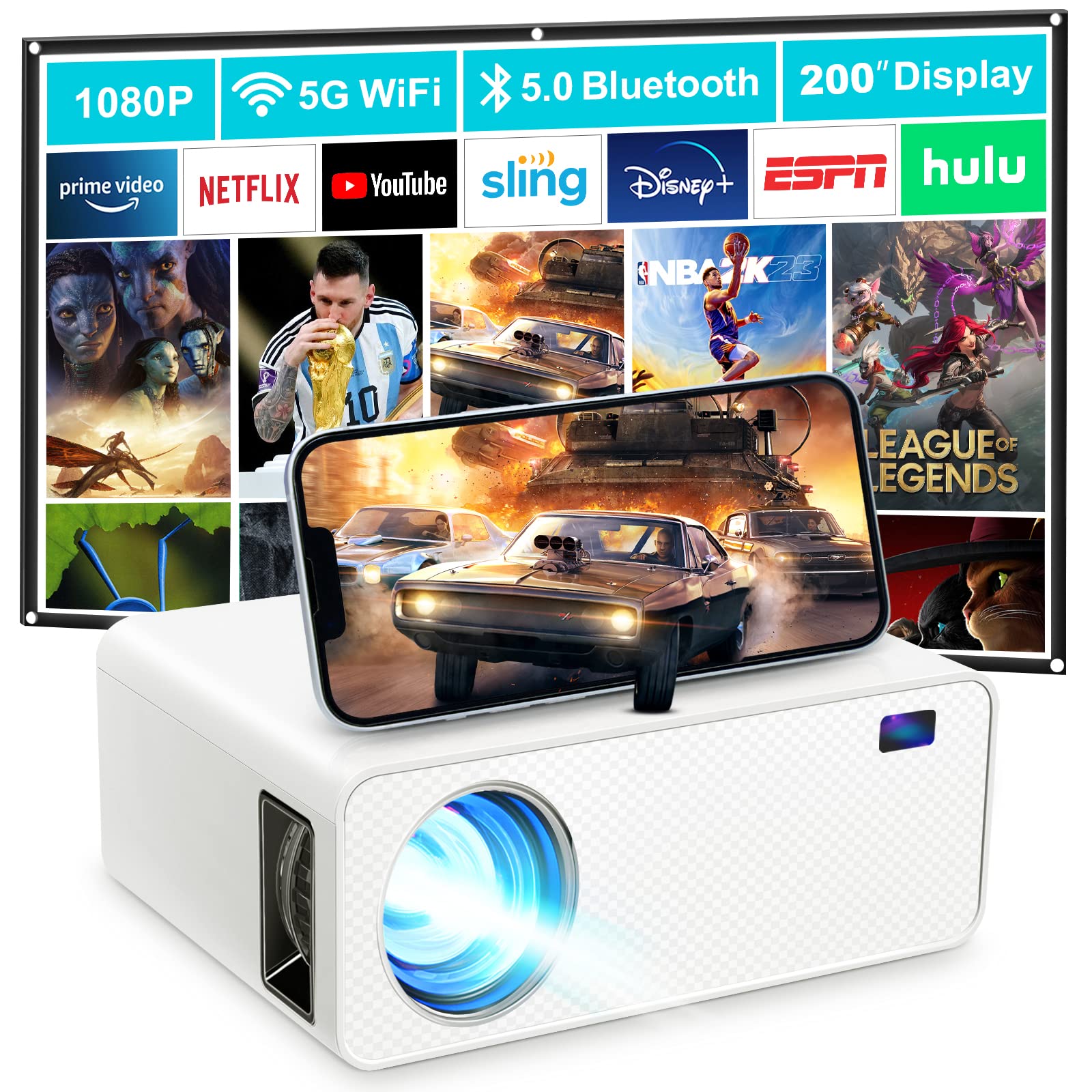 Projector With Wifi and Bluetooth, Wielio Native 1080P HD 9500 Lumens Portable Indoor Outdoor 4K Supported Multimedia Home Theater Video Projector Compatible for Iphone Android Phone HDMI USB TV Stick