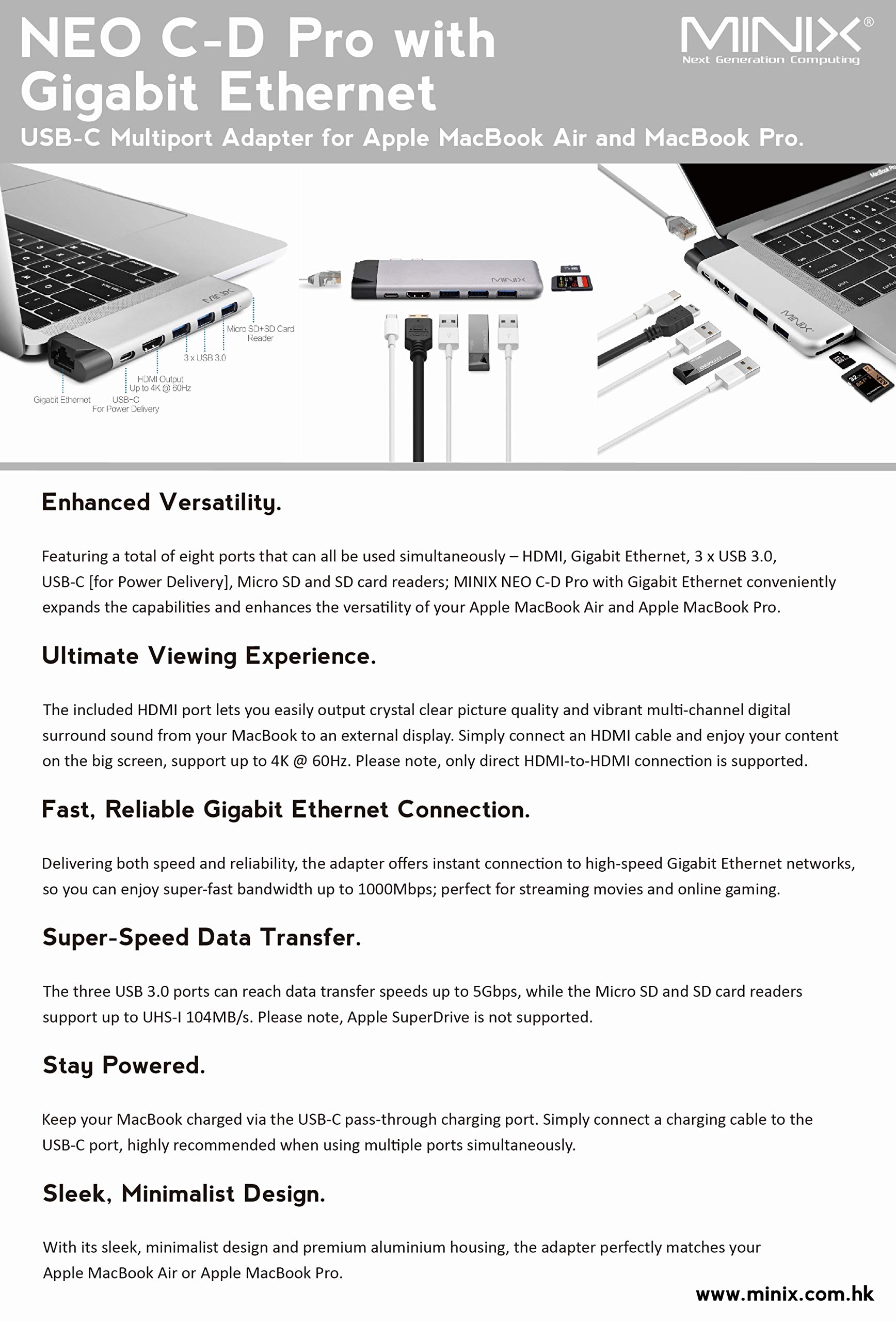 MINIX Aluminum USB-C multiport Hub-Gigabit Ethernet, 4K UHD,USB 3.0x3,SD/Micro SD Reader, USB-C-PD, Compatible with Apple MacBook Air and MacBook Pro. (Space Gray) Sold Directly