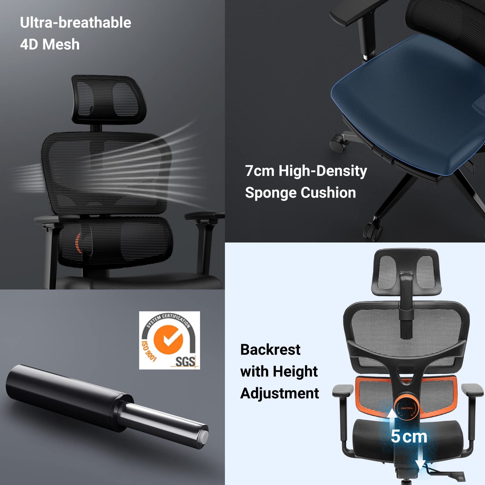 Newtral Ergonomic Office Chair, Automatic Waist-Chasing High Back Desk Chair with Adjustable Lumbar Support & Headrest, 3D Flip-up Armrest, 96°-116° Tilt Function for Office and Home Black