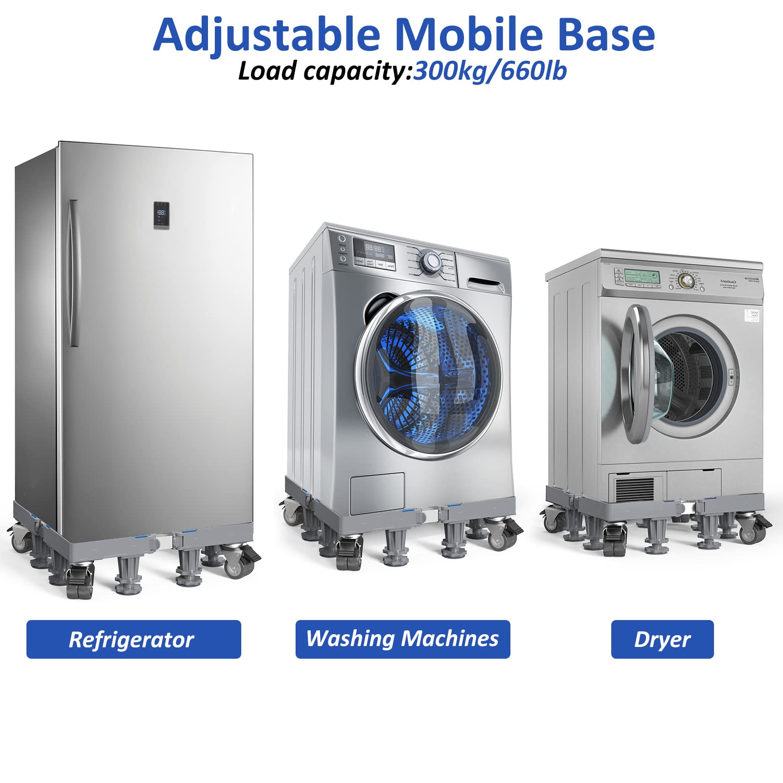 OREKO Mini Fridge Mobile Base Stand Adjustable Washer Dryer Refrigerator Stand With 4 Dual-wheel And 8 Lifting Feet (Double-tube)