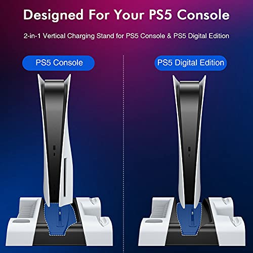 PS5 Cooling Station with Controller Charger, PS5 Horizontal Stand for Standard and Digital Playstation 5 Console, PS5 Accessories Cooler Stand with Headset Holder, Game Slot, AC Adapter