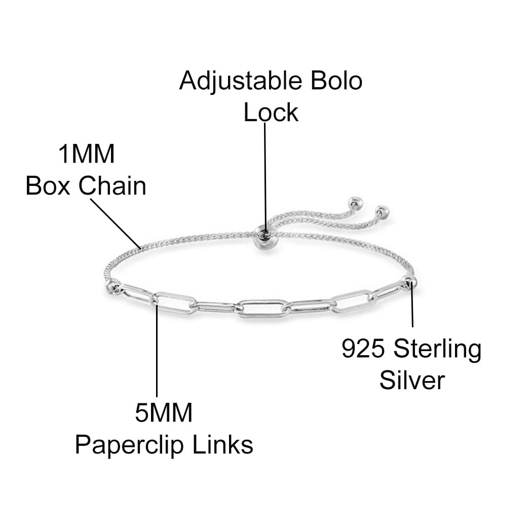 Savlano 5mm 925 Sterling Silver Solid Adjustable Bolo Slider Paperclip Link Bracelet Comes With Gift Box for Women - Made in Italy