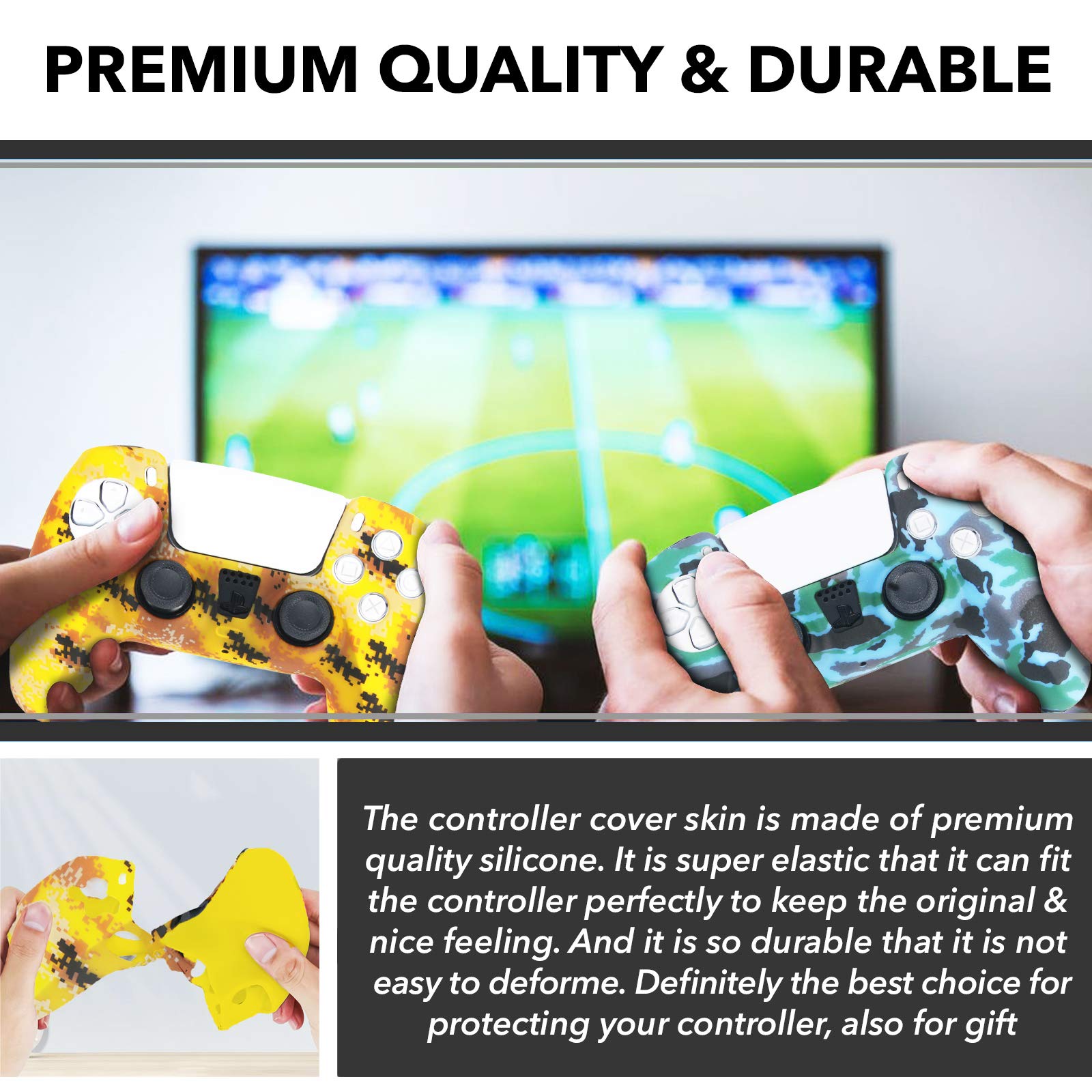 PS5 Controller Skin,Non Slip Comfort Silicone Skin Cover Protector Case for PS5 Controller(Controller Skin case x 2 + FPS PRO Thumb Grips x 8) (Camouflage Yellw+Blue)