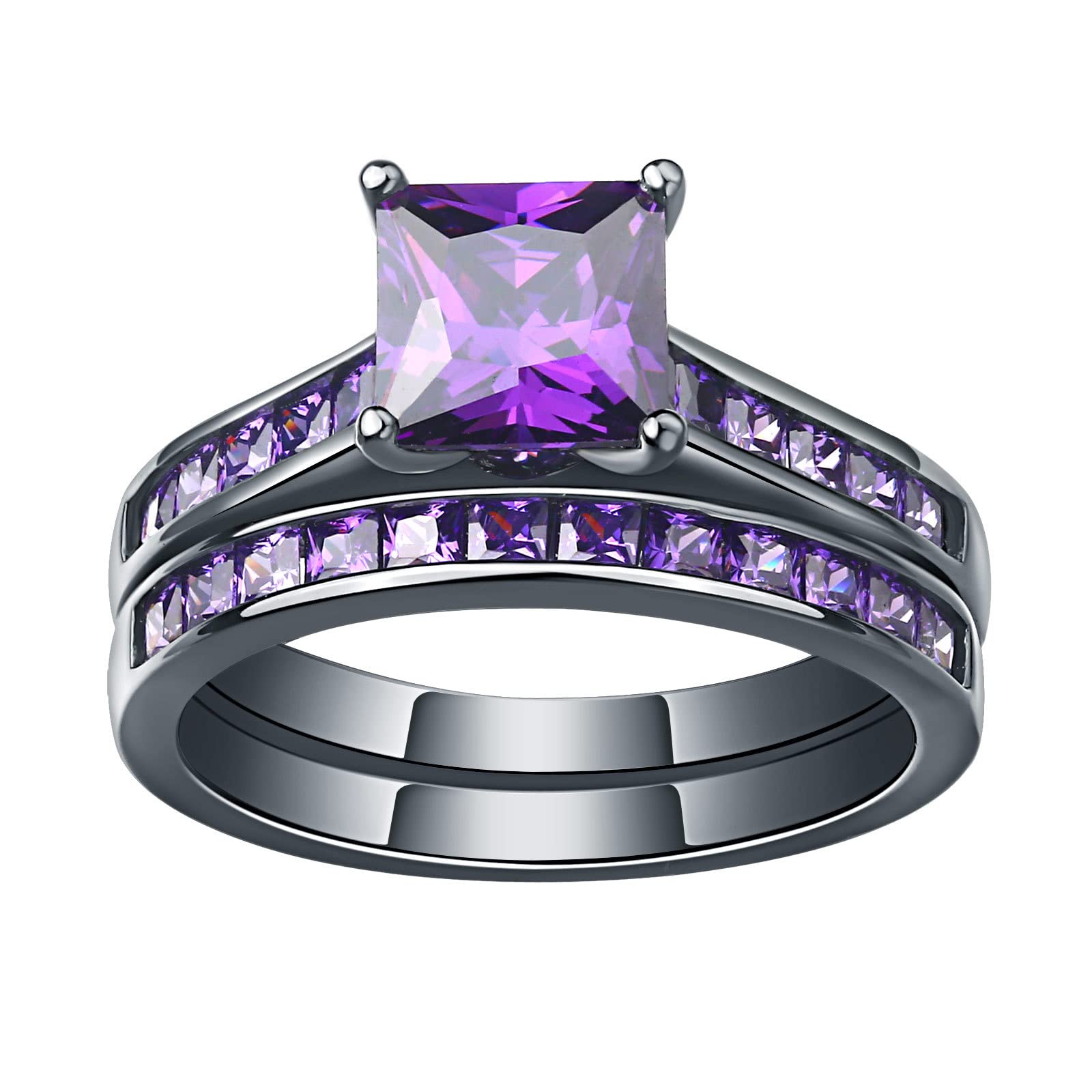 SHELOVES Women Black Gold Plated Wedding Rings Purple Amethyst Princess Cz Engagement Ring Sets 7