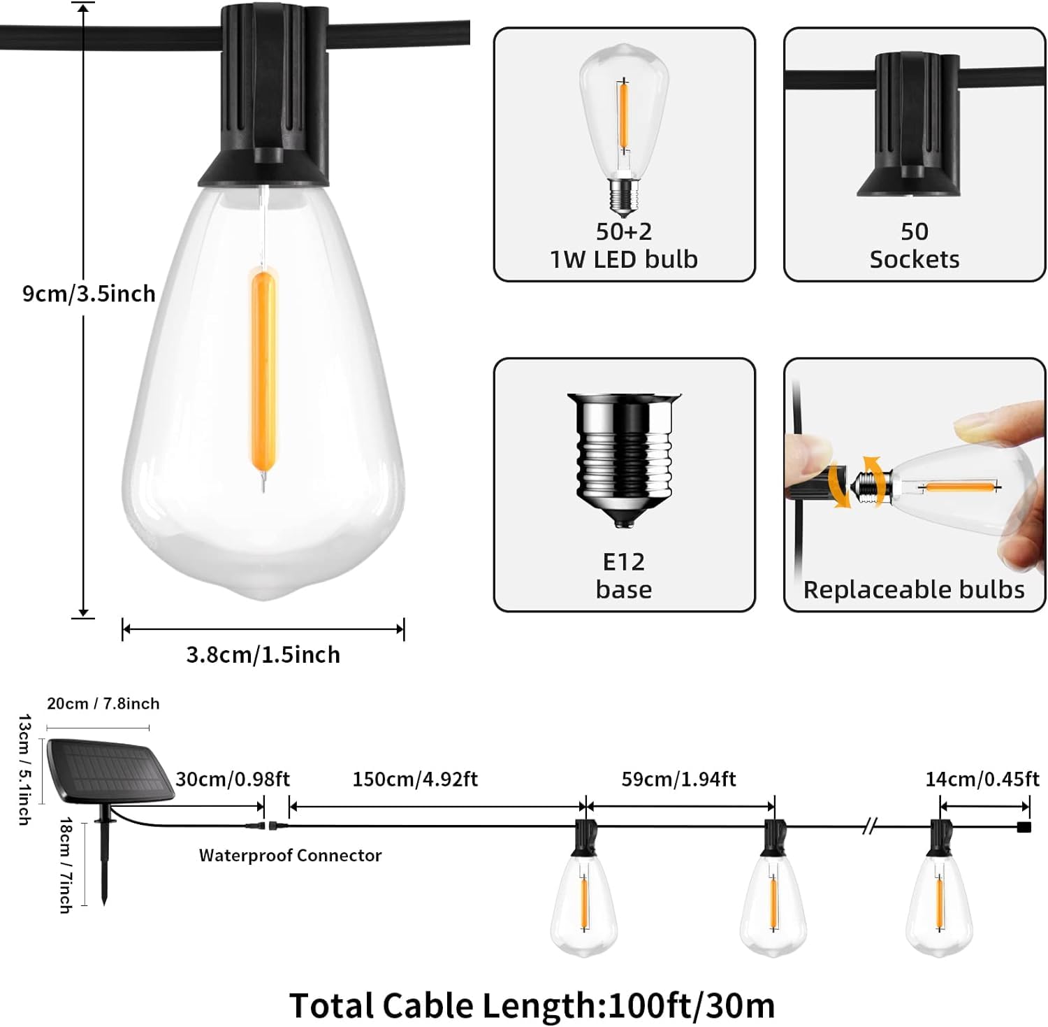 Svater Solar String Lights Outdoor, 100FT ST38 Patio Lights with 52 Shatterproof LED Bulbs(2 Spare), Waterproof Plastic Solar Powered Hanging Lights String for Outside Backyard, Garden, Pergola