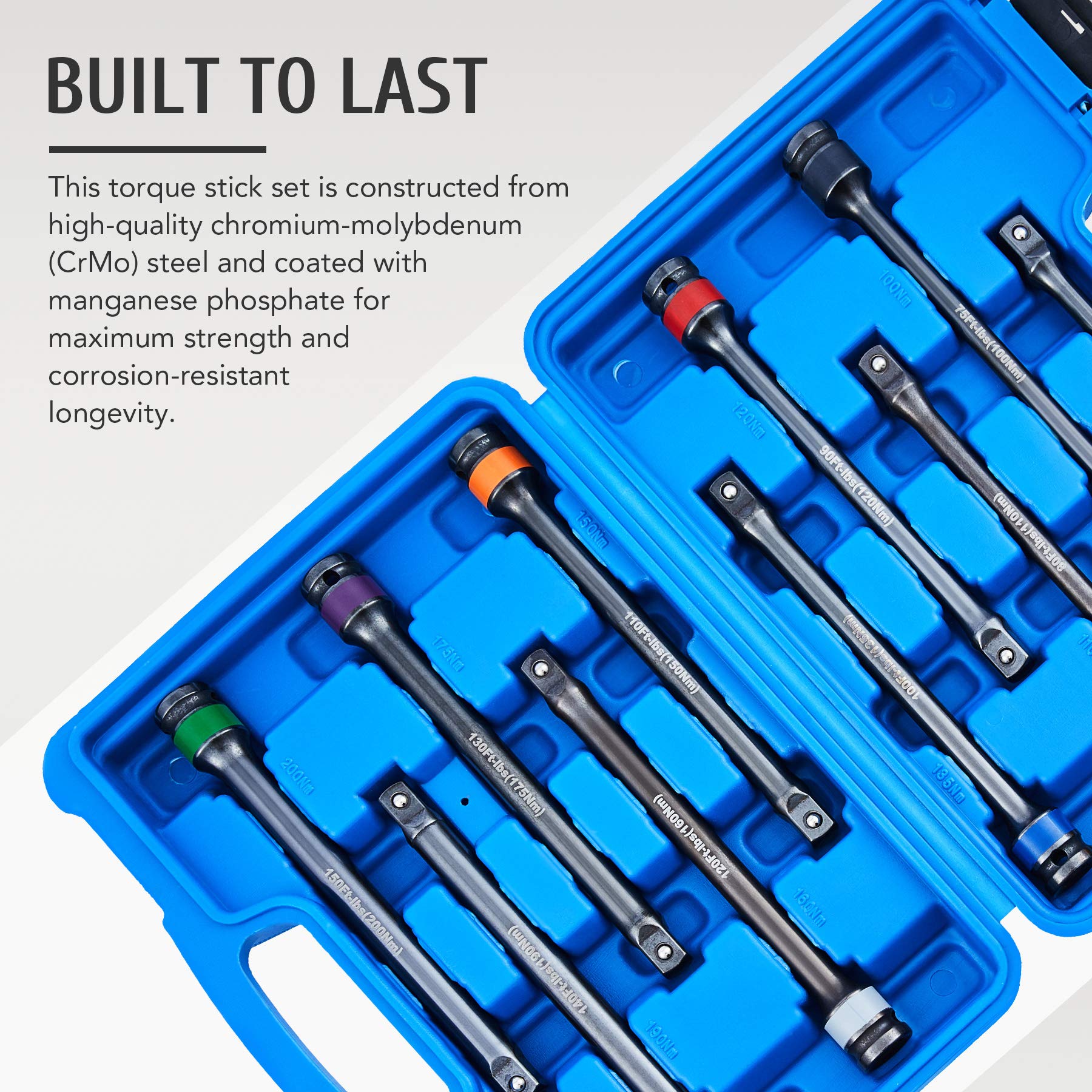 Orion Motor Tech 5pc 1/2" Drive Torque Limiting Extension Bar Set, Torque Extension Tool Set with 8 Inch Torque Sticks for Locking Lug Nuts with 65-140 ft-lb Force, Impact Torque Limiter Set
