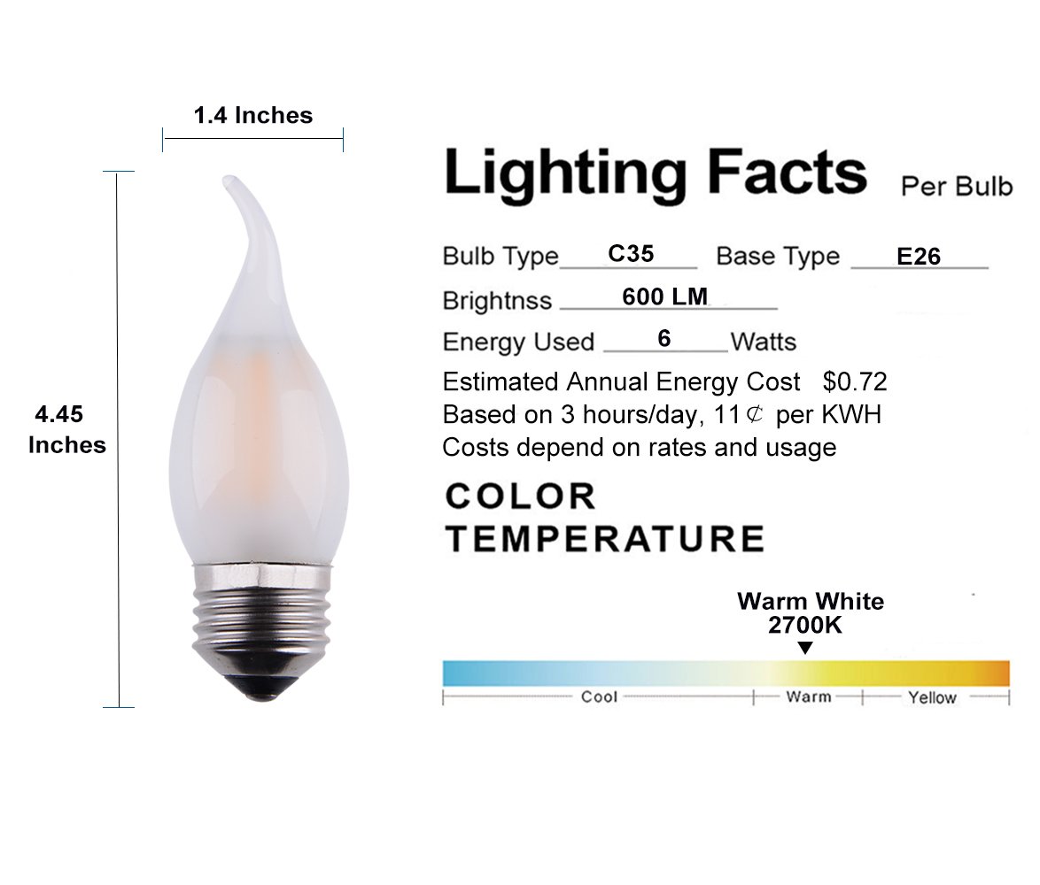 OPALRAY C35 6W(60W Incandescent Replacement) LED Candelabra Bulb, LED Filament Bulb with E26 Medium Base, Soft Warm White Light, Eye-Protect Frosted Glass Housing, Dimmable, Flame Tip, 5-Pack