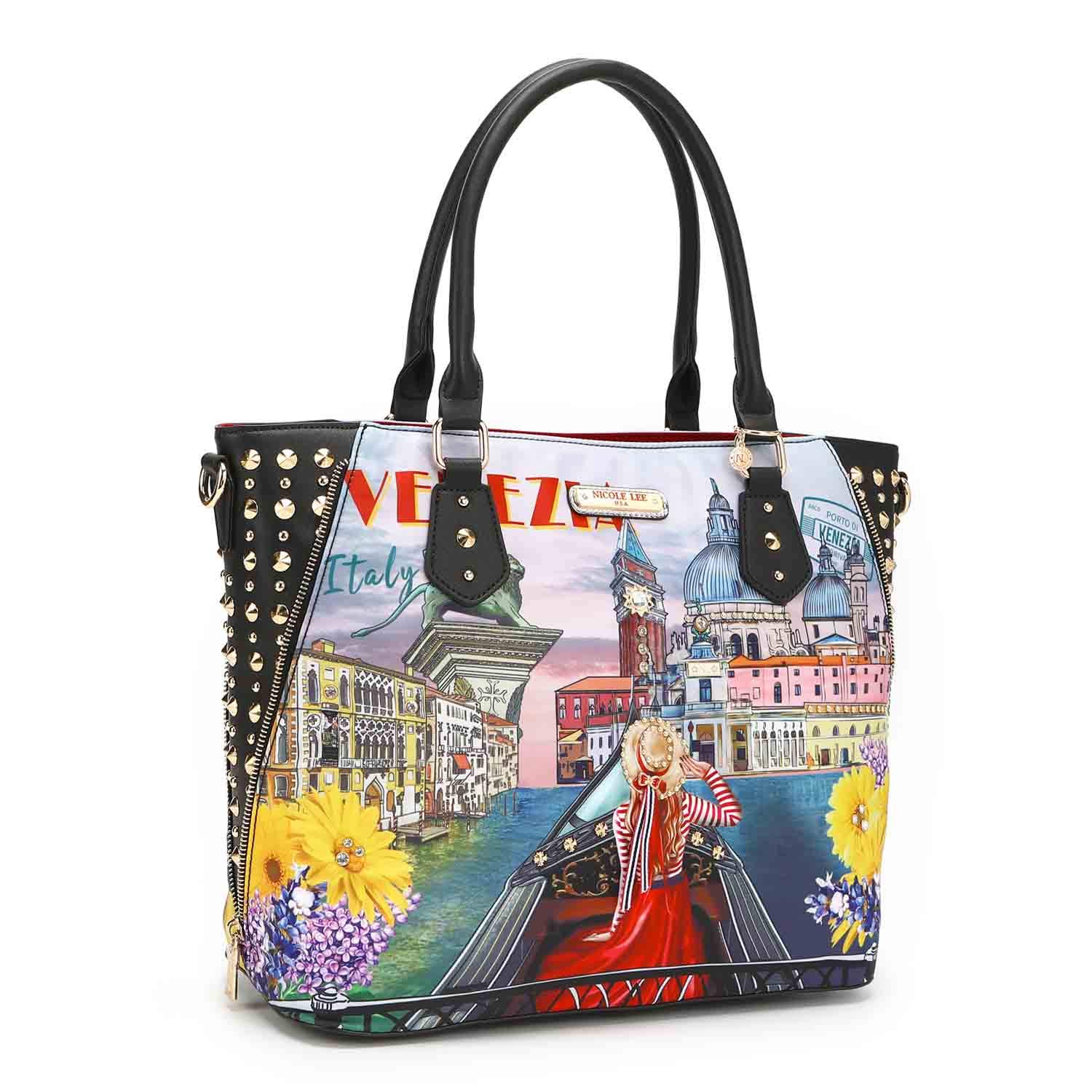 Nicole Lee HONEYMOON IN VENEZIA STUDDED NYLON PRINT SHOPPER BAG