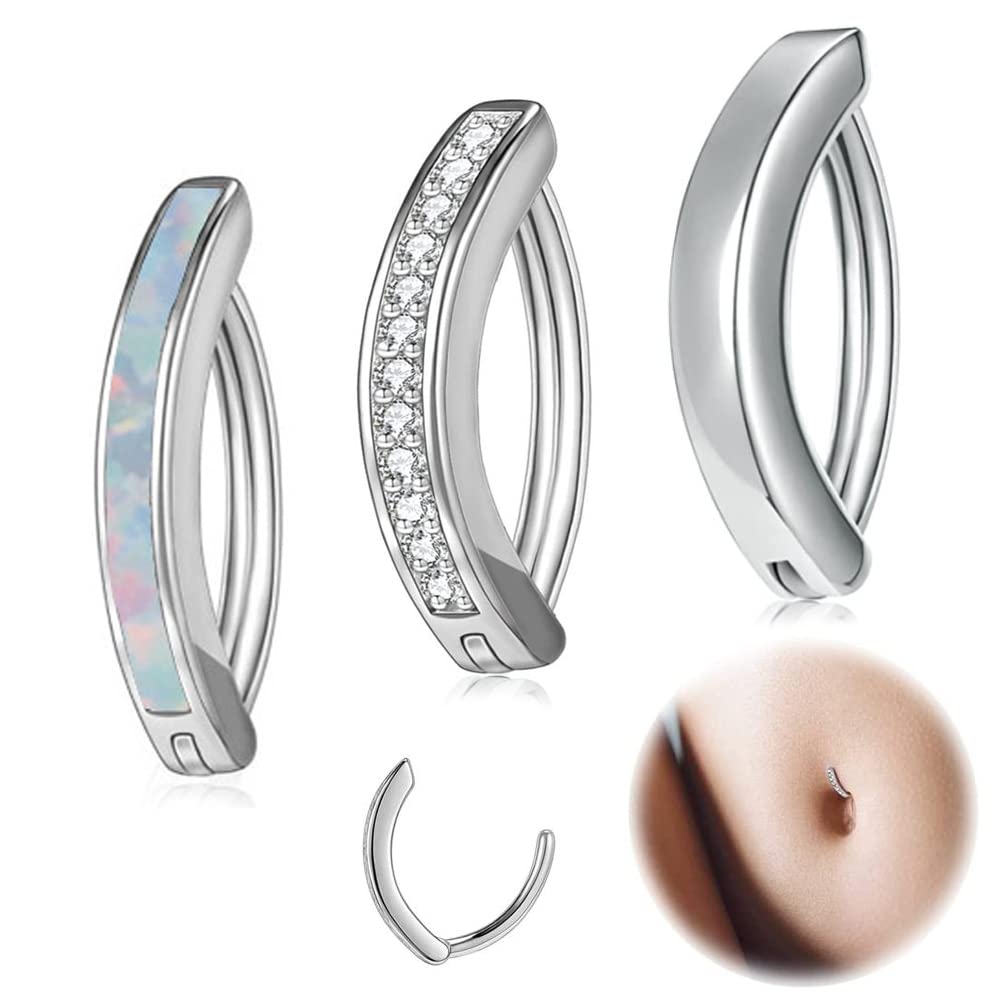 SIMRCIO 3Pcs 14G Clicker Belly Button Ring for Women Surgical Steel Simple Belly Ring CZ Reverse Curved Navel Barbell Body Jewelry