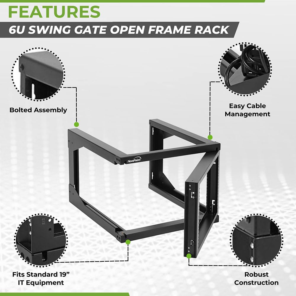 NavePoint 6U Server Rack with Swing Gate - 6U Wall Mount Rack for 19 Inch IT Equipment Open Frame Rack β Network Rack Wall Mount for AV & Server Equipment 18β Deep 6U Rack, Black