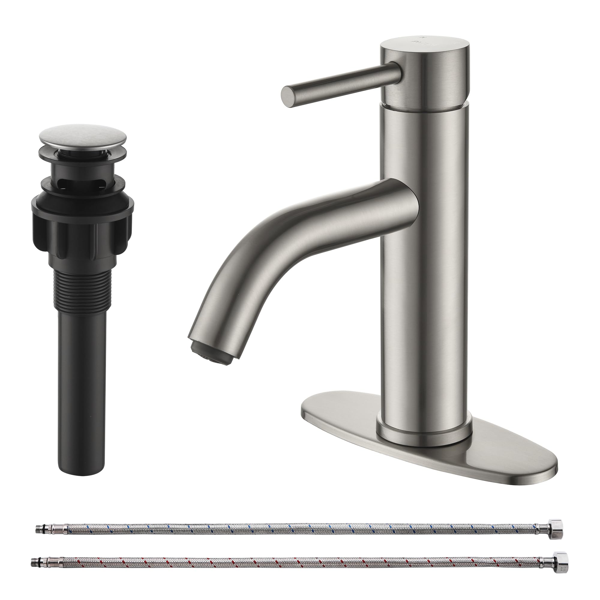 PHICHI Brushed Nickel Single-Handle Bathroom Faucet, 1 or 3 Hole Basin Bath Tap with Pop Up Drain and Deck Plate, Modern One-Hole RV Faucet Washbasin Faucet Countertop