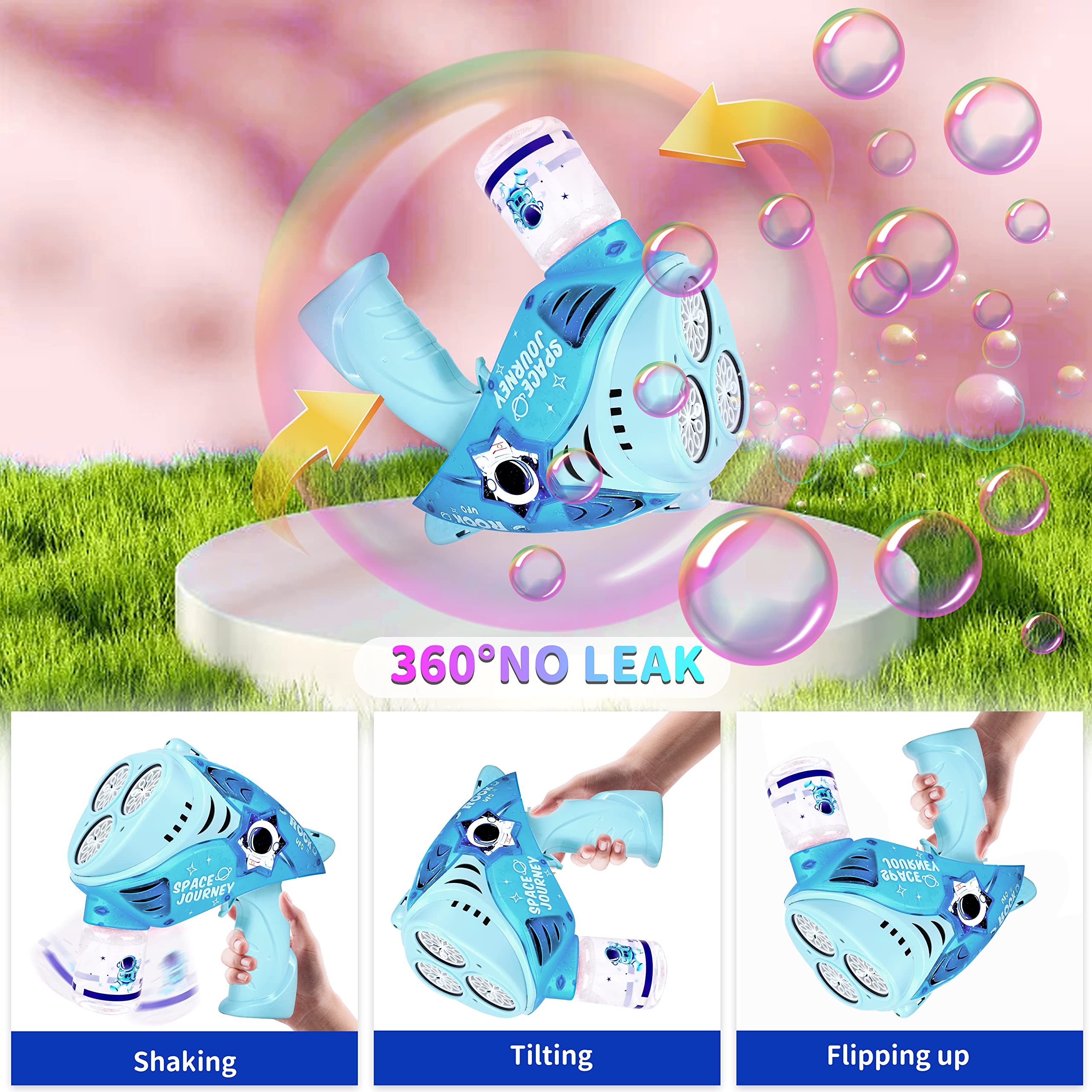 Rotokas Space Bubble Gun Automatic Bubble Machine - 10000+ Bubbles in 1 Minute - Durable Bubble Maker with LED Lights - 360-Degree Leak-Proof - Rechargeable Bubble Blower Sets for Kid and Adult - Blue