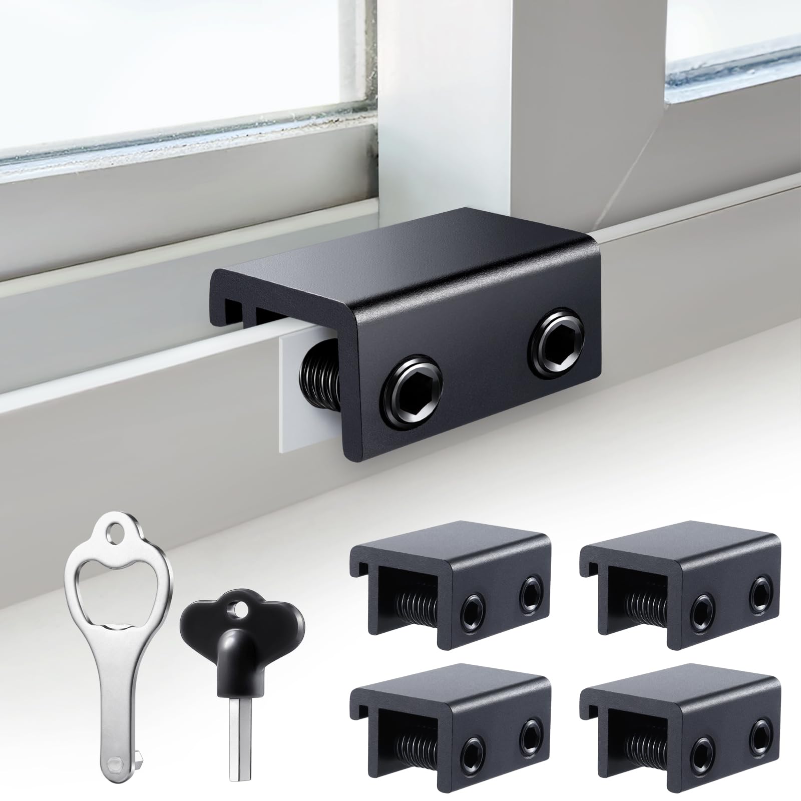 Sliding Window Locks, Security Window Locks with Keys, Adjustable Aluminum Sliding Window Stops, Easy Installation Without Drilling, for Vertical and Horizontal Sliding Windows (Black)
