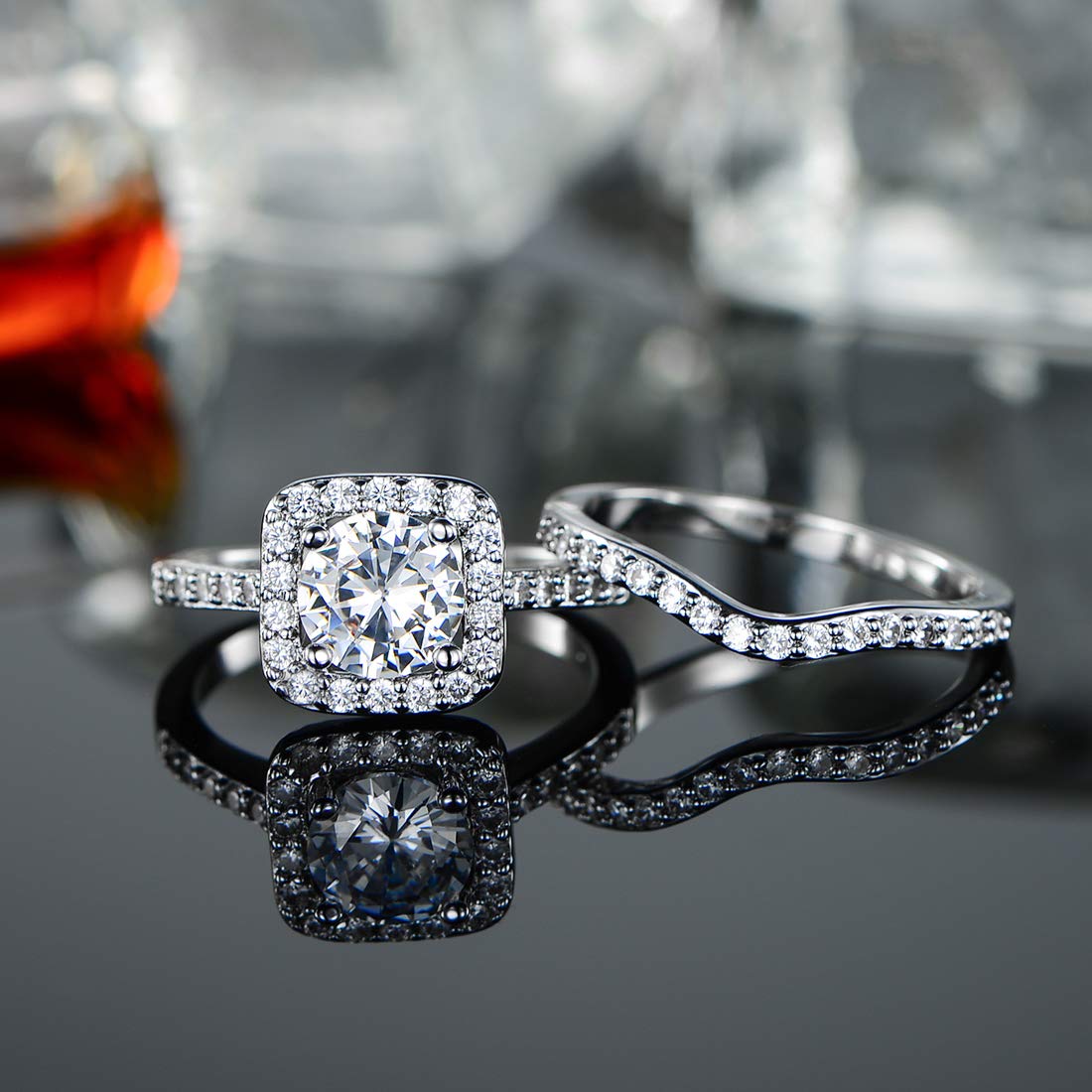 OPOMOMO Engagement Ring Set,18K White Gold Plated Cubic Zirconia Promise Eternity Rings for Women Pack of 2 PCS (9)